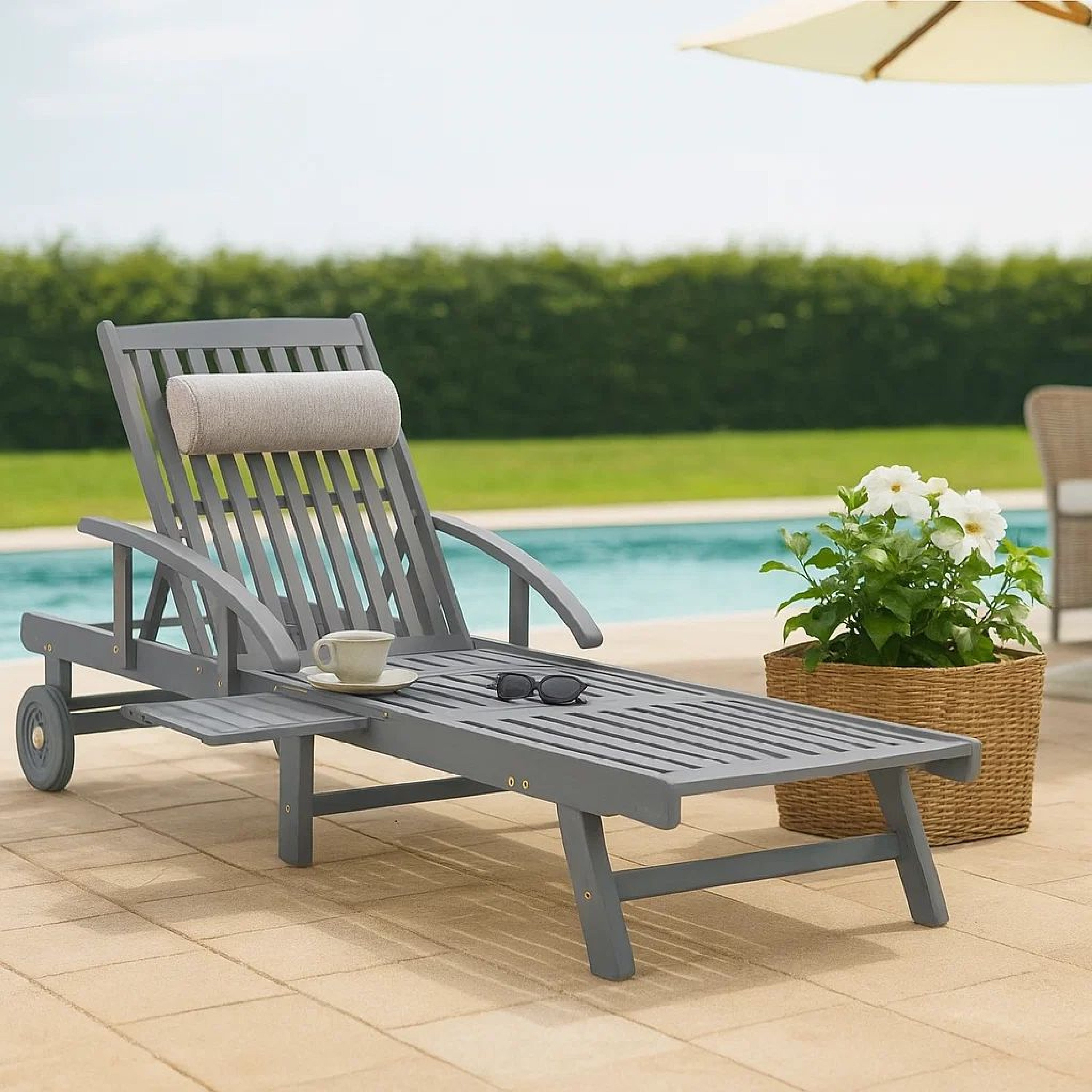 Benjara Outdoor Sun Chaise Lounger, Slatted Gray Acacia Wood Frame W ...