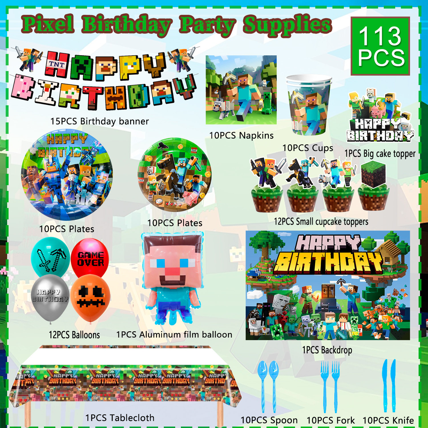 The Party Aisle™ Birthday party supplies,113pcs pixel theme style party decorations - Wayfair Canada