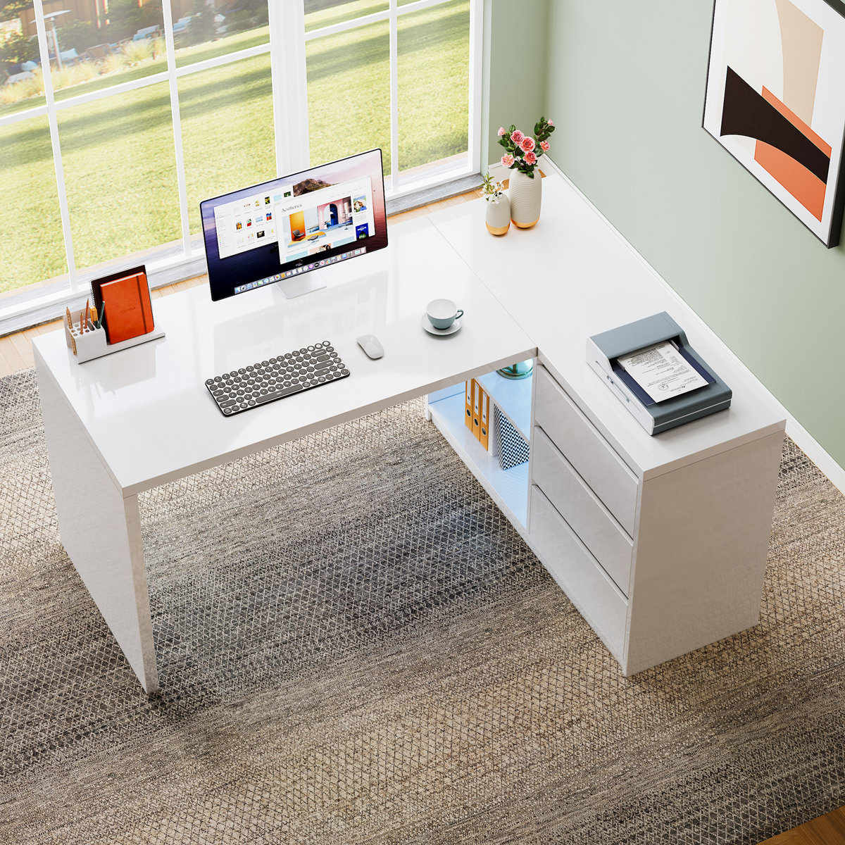 Ebern Designs White L-Shaped Computer Desk With 3 Drawers, 55'' Modern ...