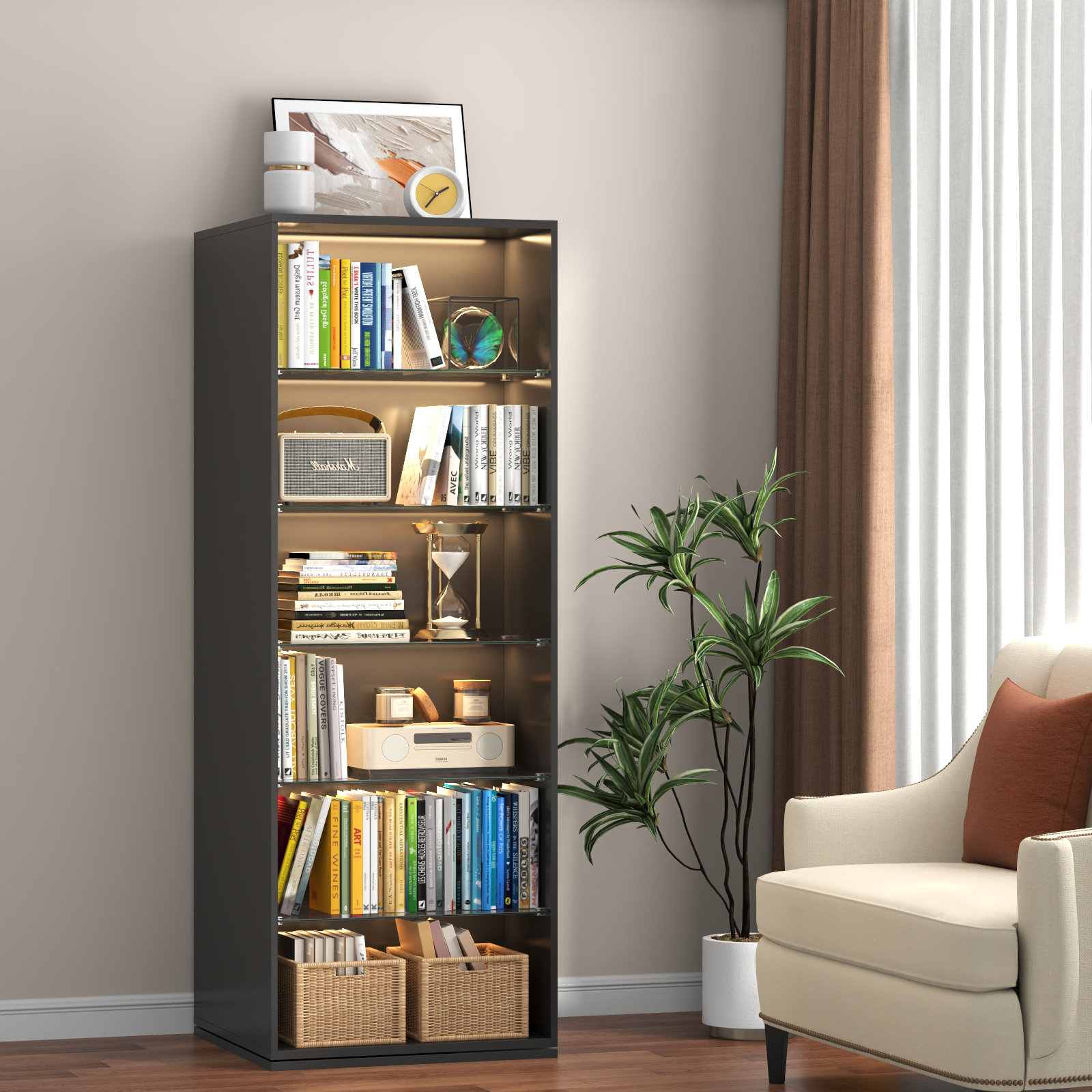 Ivy Bronx Cyntheia Rotating Bookshelf with LED Lights, 6 Tier Revolving ...