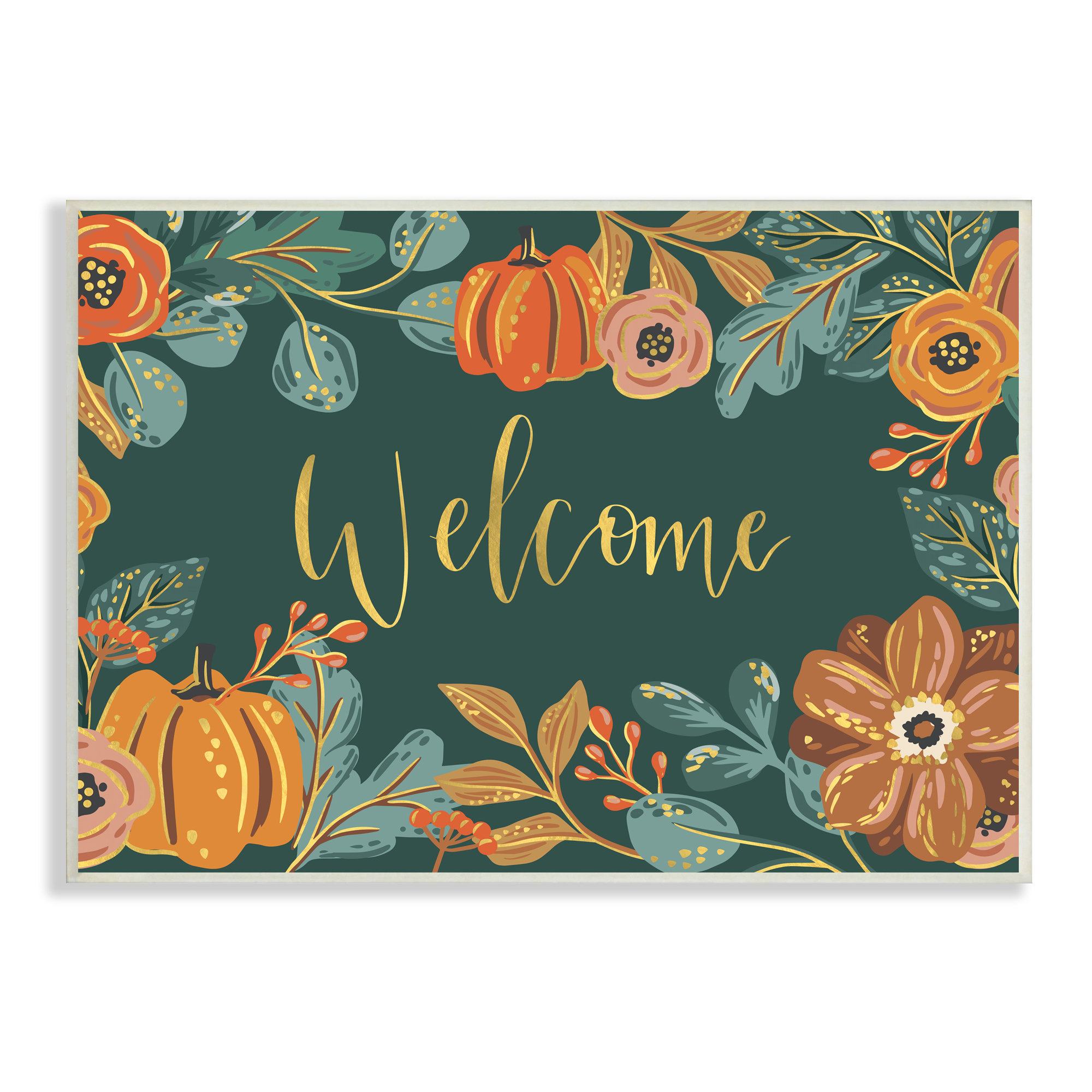 Stupell Industries Pumpkin Floral Harvest Welcome Sign Green Orange ...