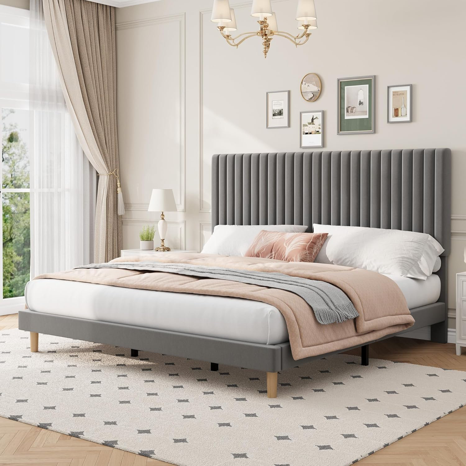 Ebern Designs Velvet Upholstered Platform Bed with Adjustable Headboard ...
