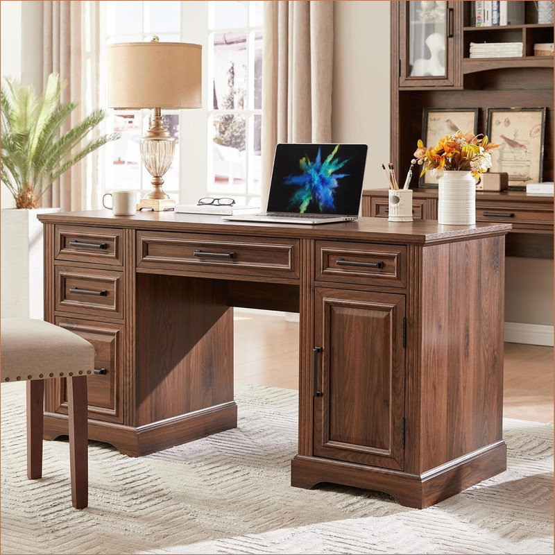 Winston Porter 58 Inch Wide Executive Desk with 5 Drawers and 1 Cabinet ...