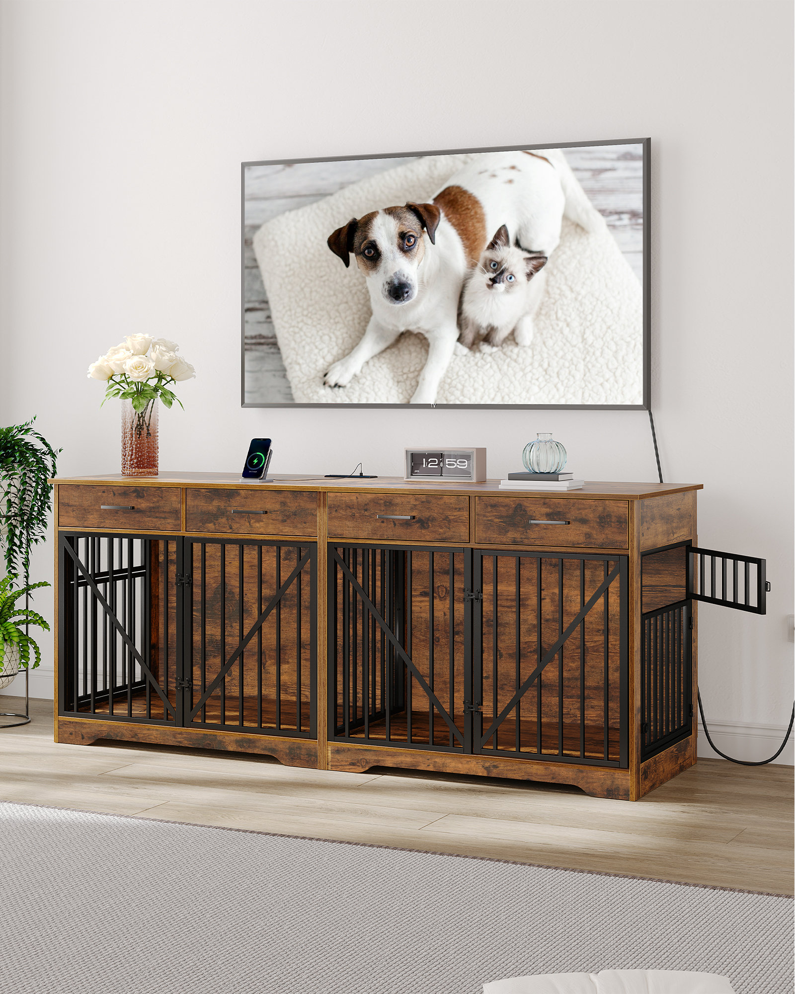 Hzuaneri 77.2" Dog Crate Furniture with 4 Storage Drawers, Power Strip ...