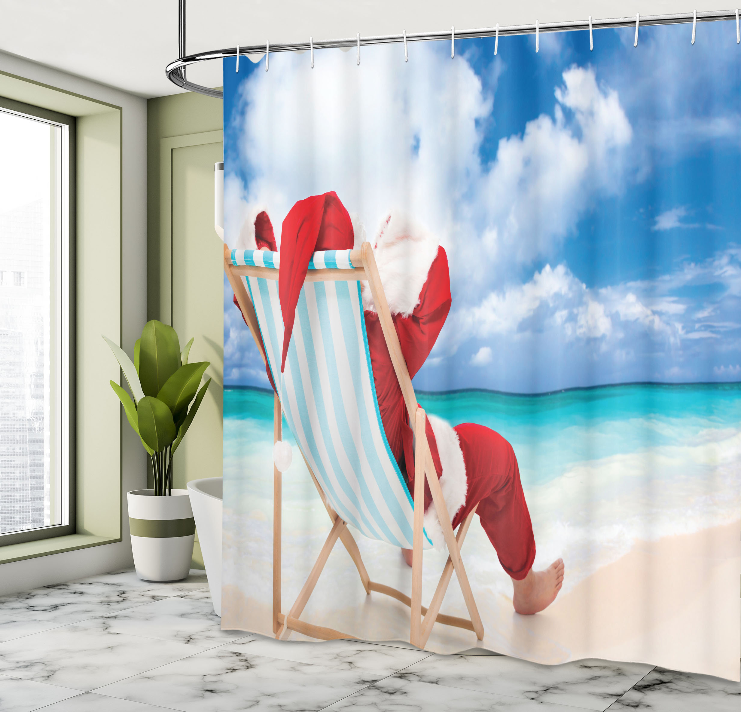 The Holiday Aisle® Santa Shower Curtain Relaxing at Exotic Beach Blue ...