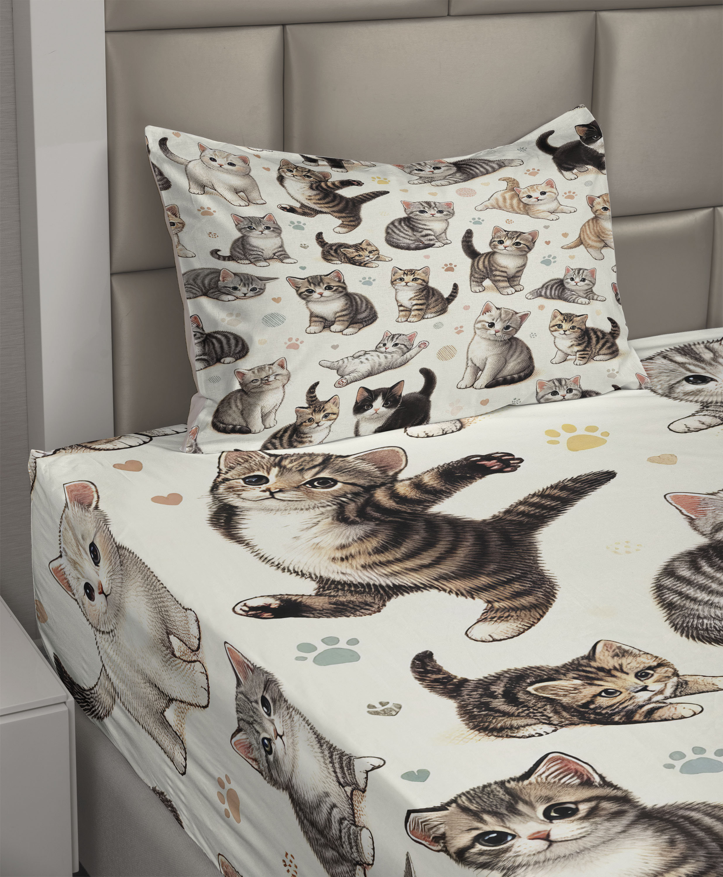 Ambesonne Cat Sheet Set Little Kittens Playful Poses Off White Taupe ...