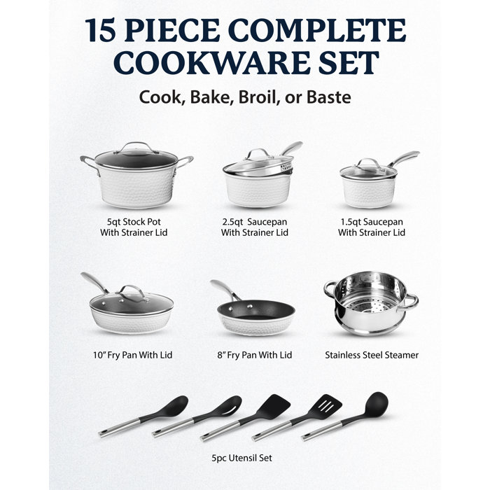 Granitestone Charleston Collection Hammered White 15 Piece Nonstick ...