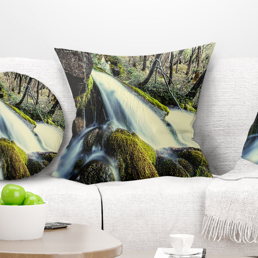 Design Art Waterfall in Forest on Rocks - Sea & Shore Printed Pillow ...