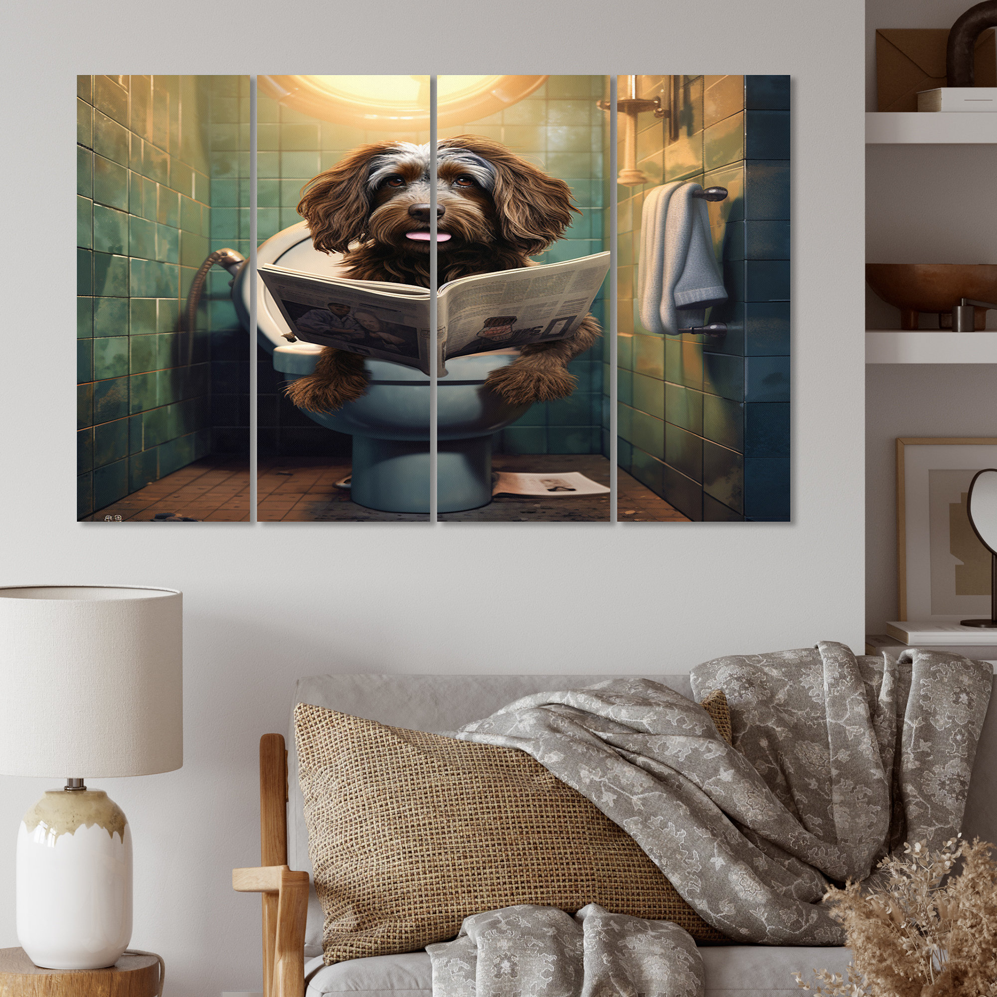 Trinx Dog Reading Newspaper On Toilet II On Canvas 4 Pieces Print | Wayfair