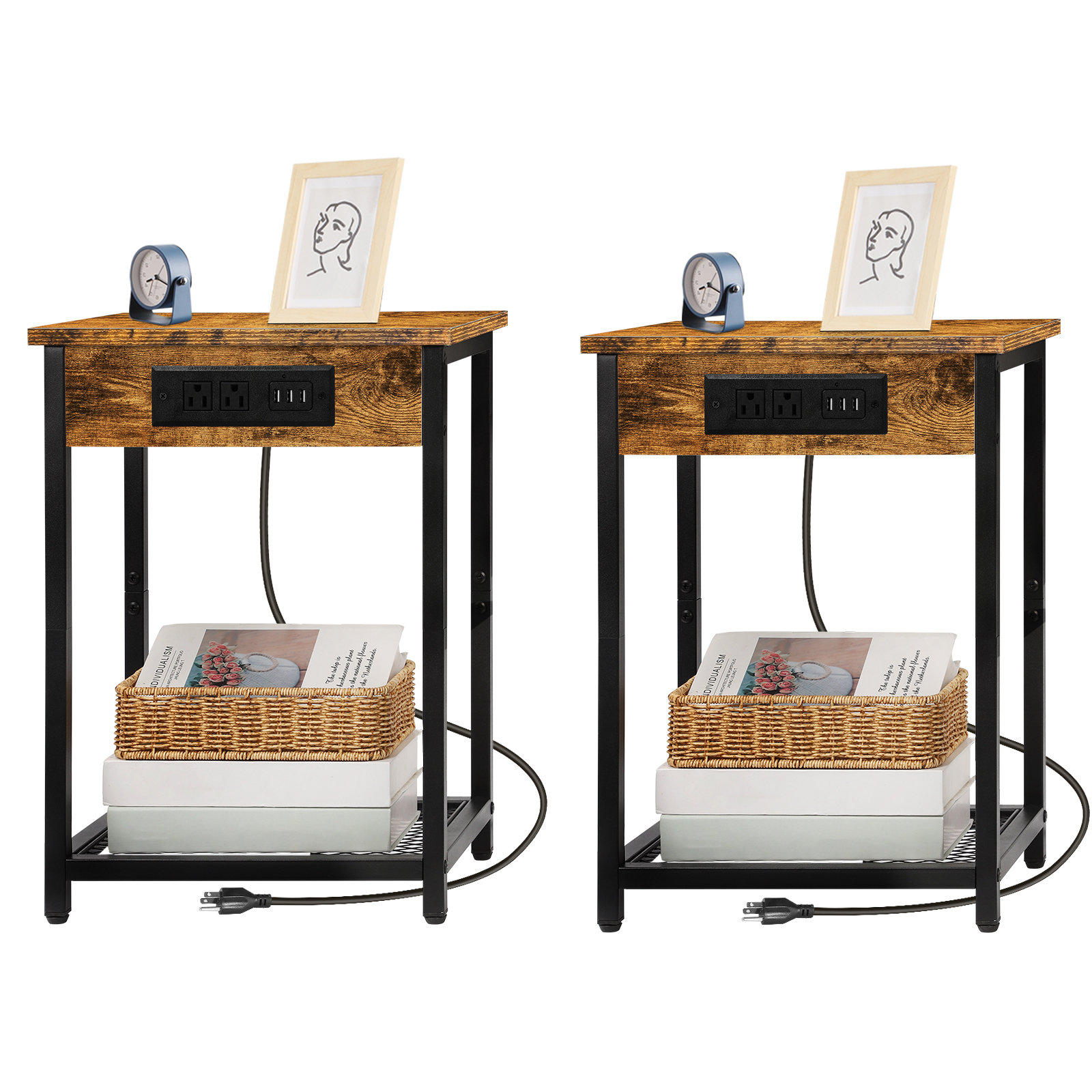 17 Stories Set of 2 Burnt - colored Side Tables with Extended Power ...