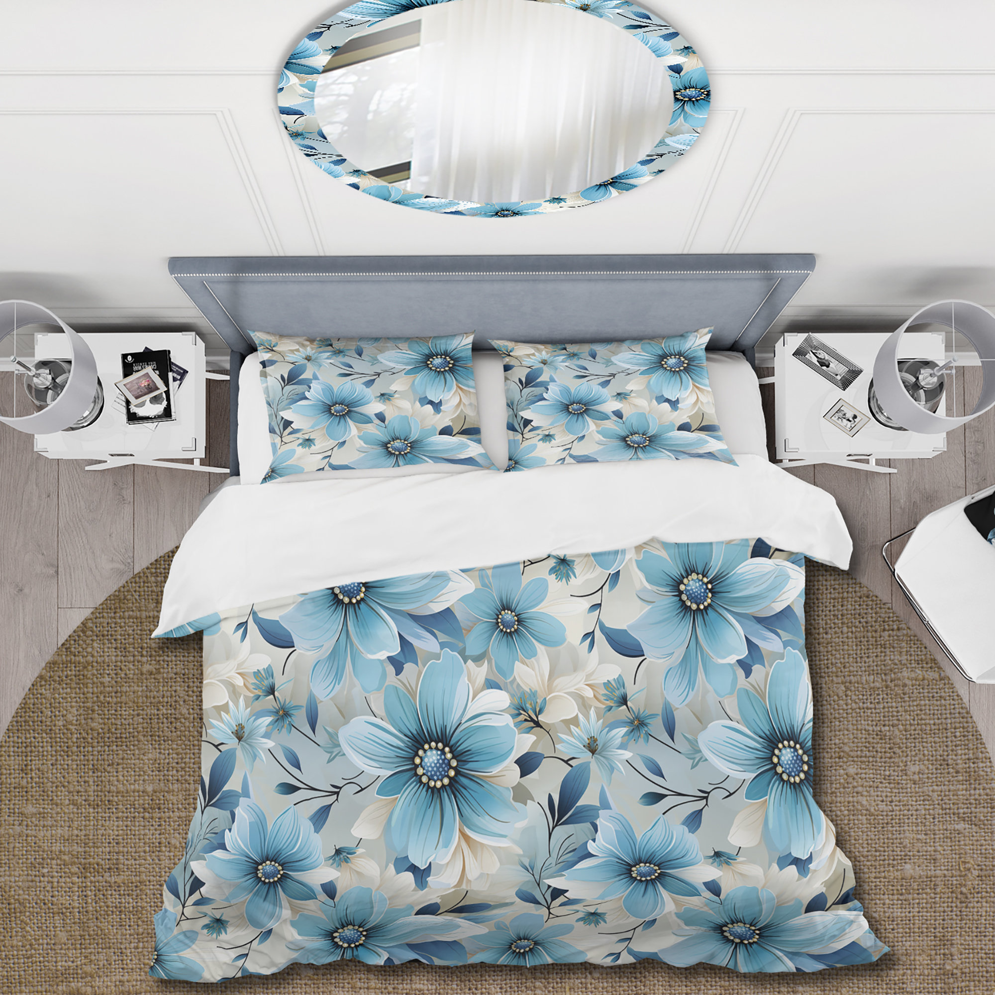 Design Art Blue Coastal Harmony Floral Pattern - Floral Duvet Cover Set ...