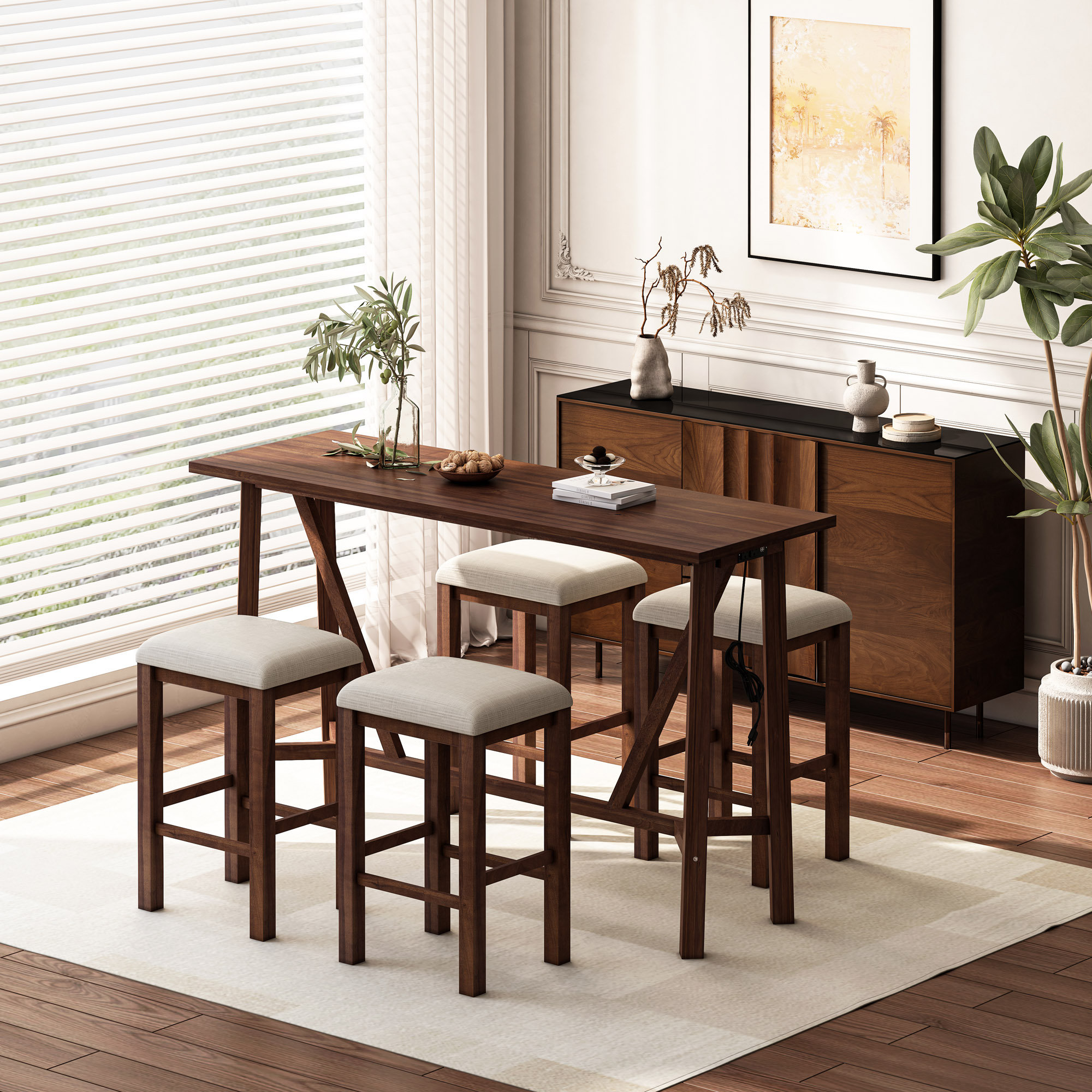 Gracie Oaks Modern 5-Piece Dining Table Set With Power Outlets,Bar ...