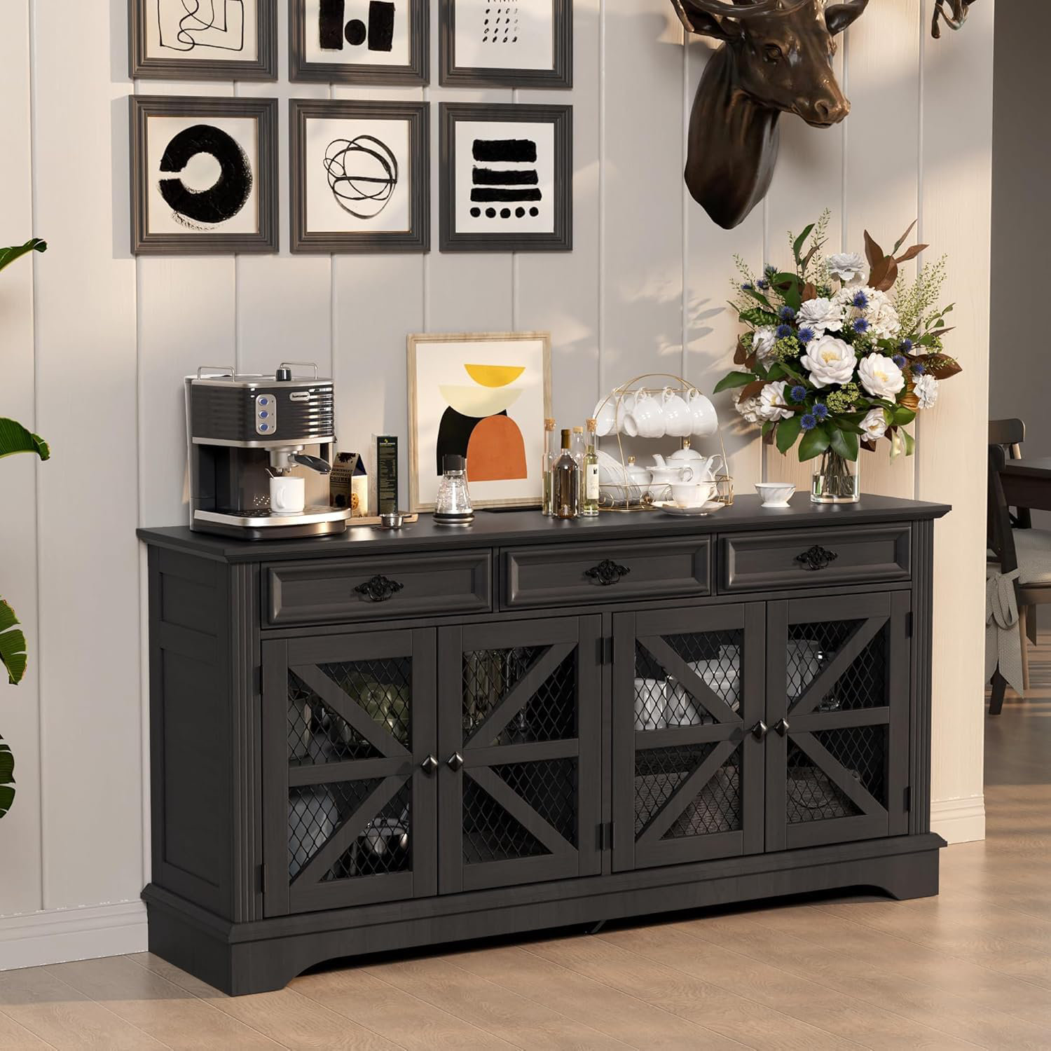 August Grove® 63" Large Buffet Storage Cabinet, Farmhouse Kitchen ...