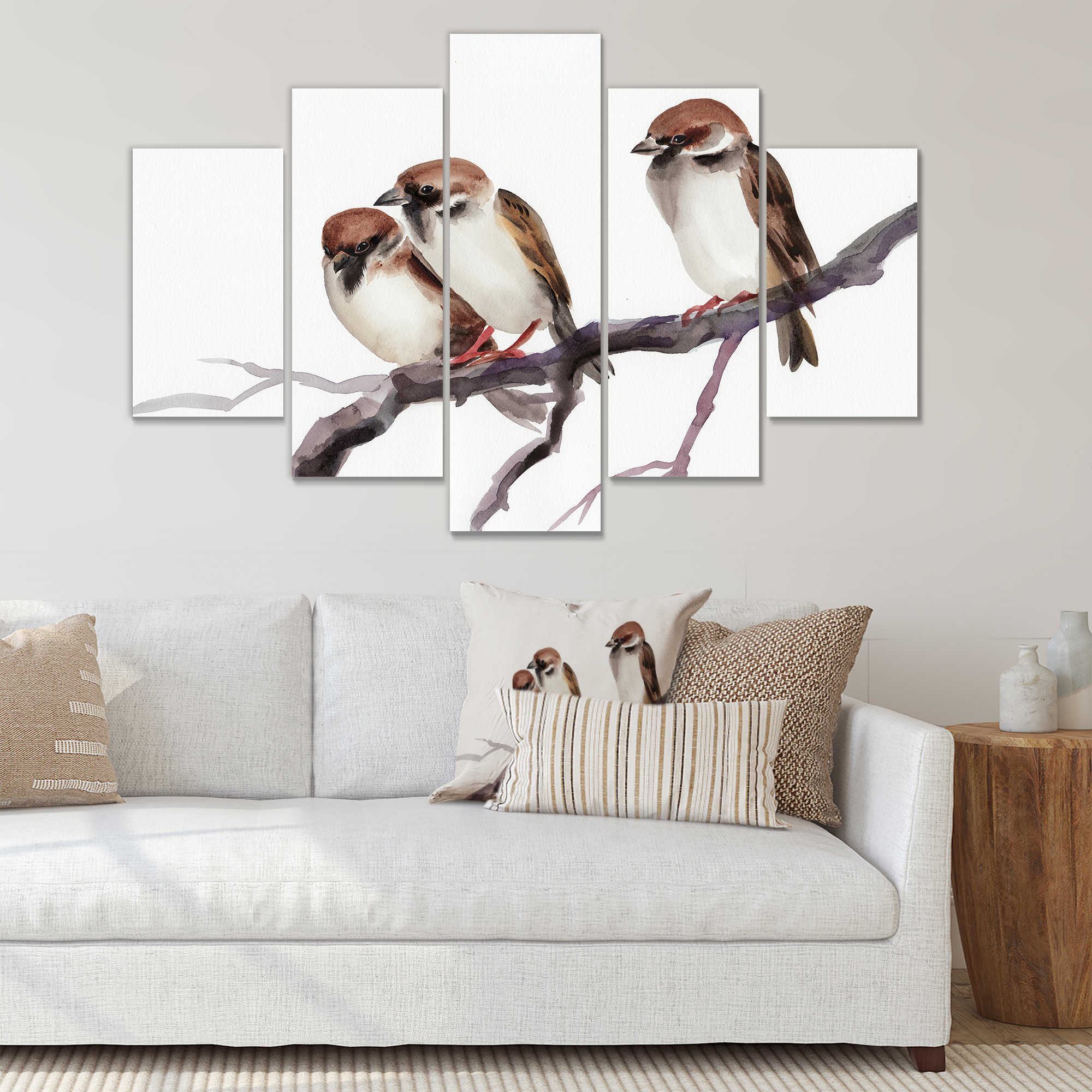 Design Art Three Sparrows on a Branch - 5 Piece Wrapped Canvas Graphic ...