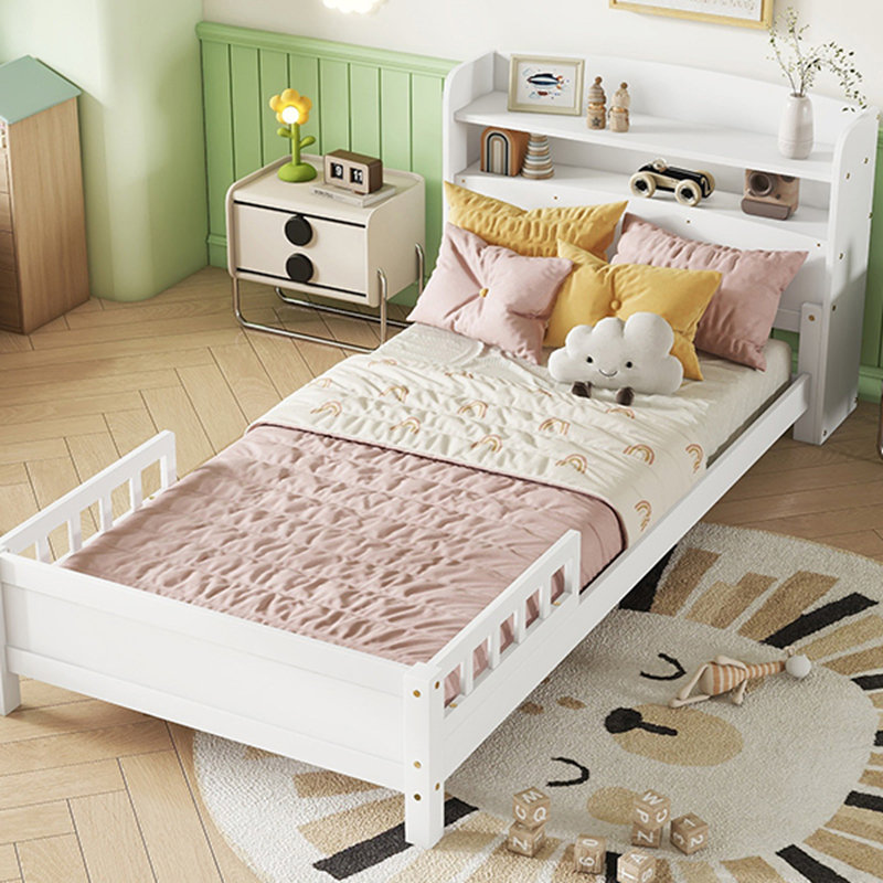 Ophelia & Co. Twin Pine Wood Bed with Bookcase Headboard ,LED Motion ...