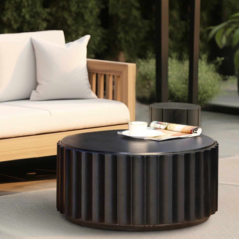 Luxen Home Black Cement Round Coffee Table for Outdoors and Indoors ...