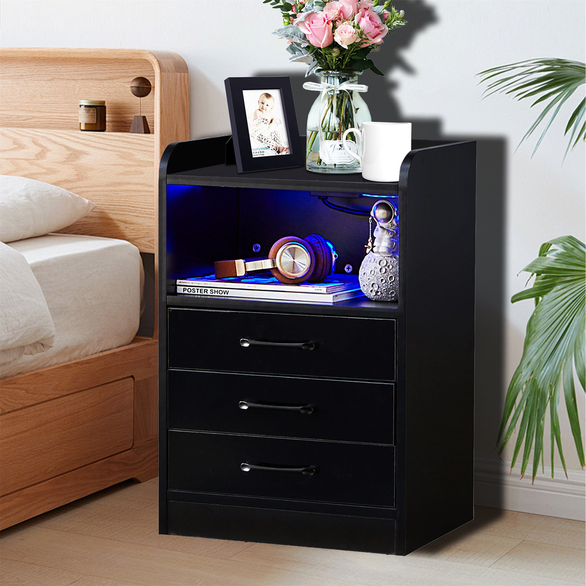 Ebern Designs Traniyah 3-Drawers LED Nightstand with Charging Station ...