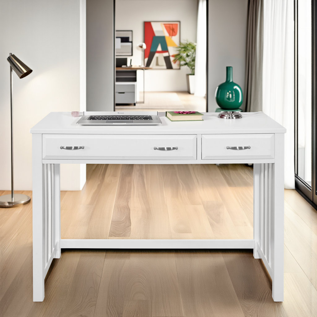 Red Barrel Studio® Blanche Collection Writing Desk, 2 Dovetail Drawers,Ball Bearing Glides,Satin ...