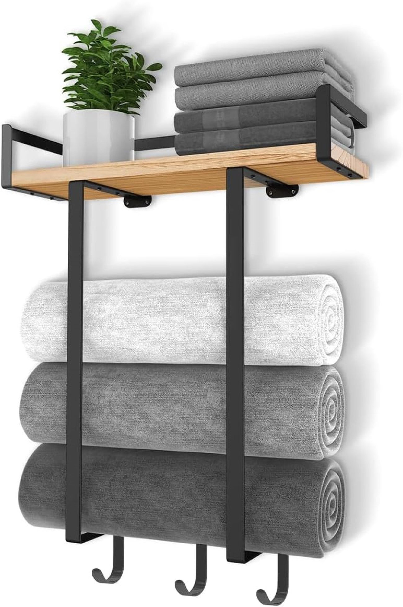 VENOPU Bath Towel Holder With Wooden Shelf Wall Towel Storage Organizer ...