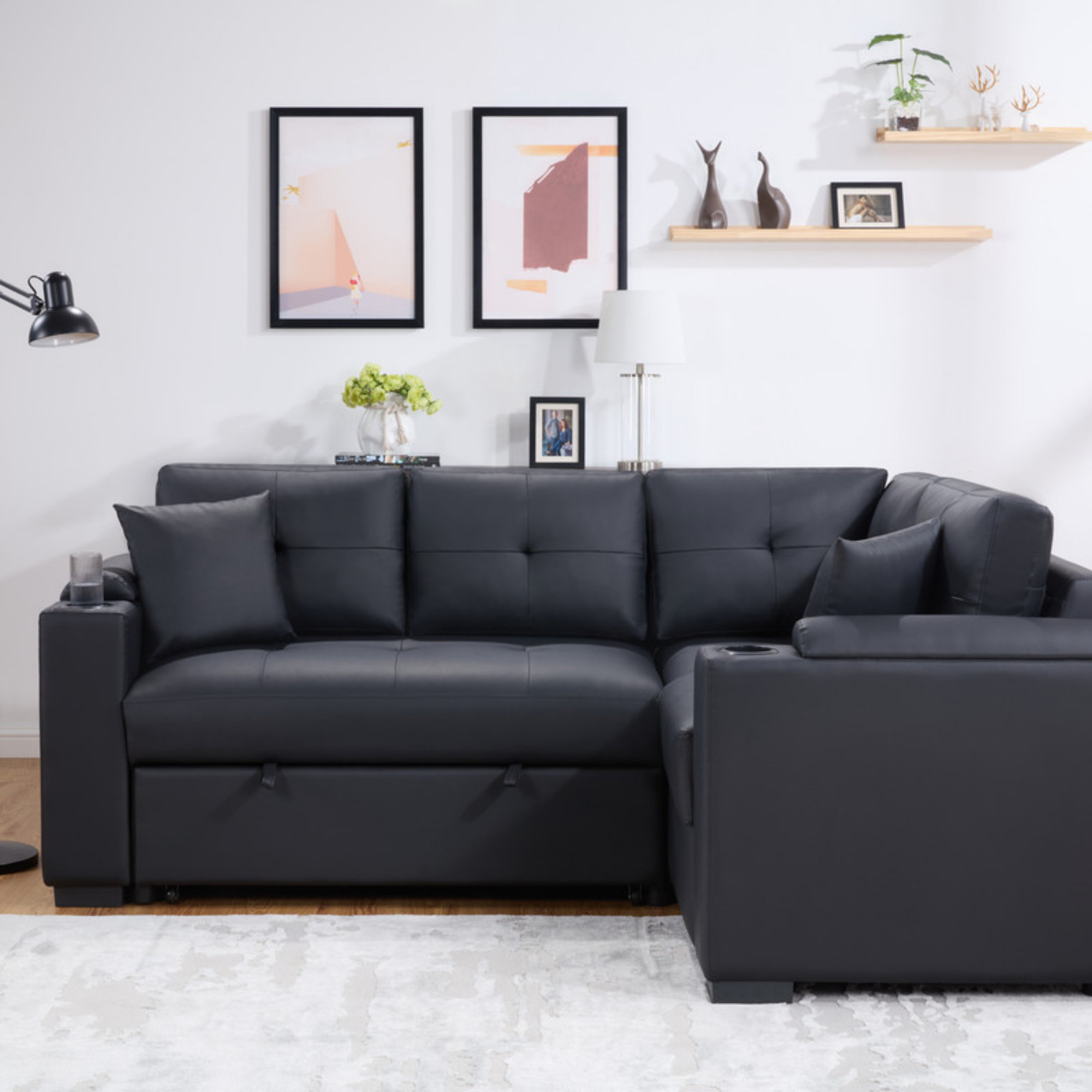 Latitude Run® PVC Fabric Sleeper Sectional With USB Charger, Cupholders ...