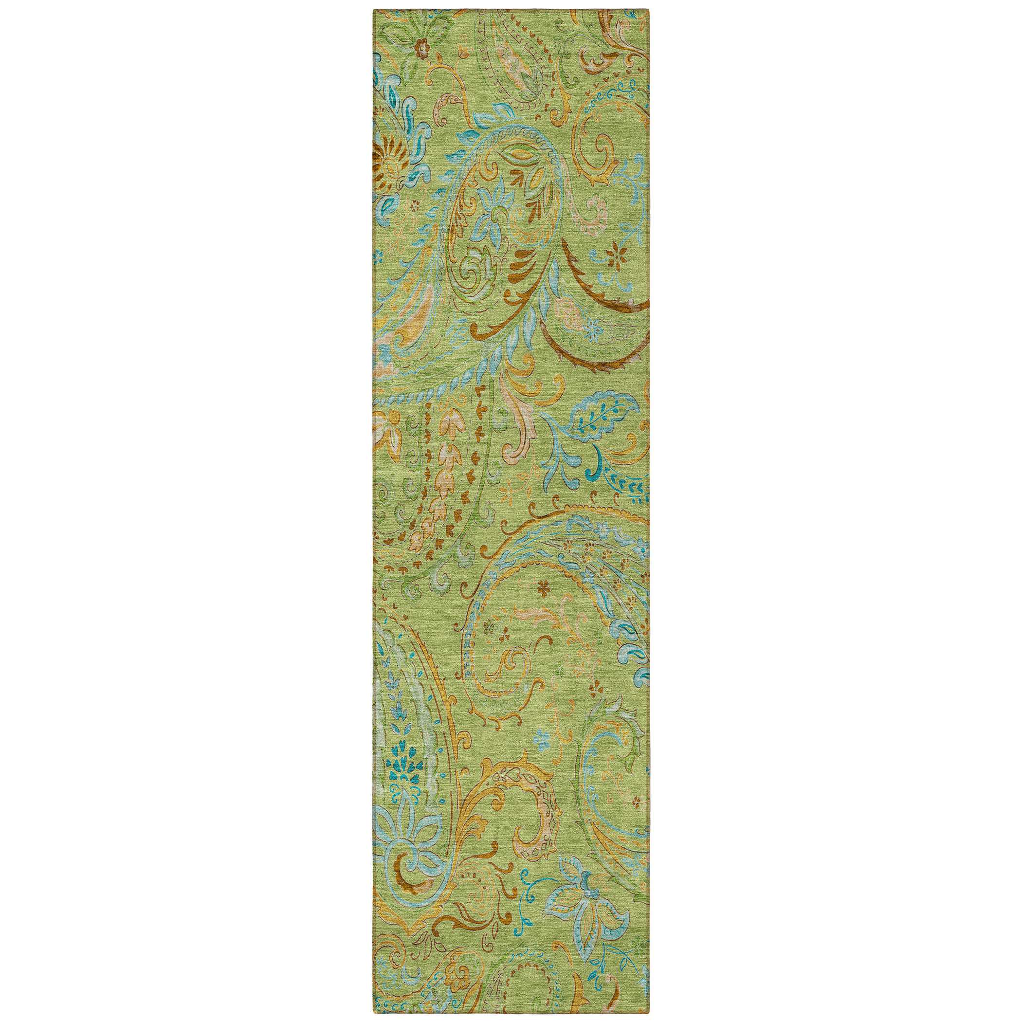 HomeRoots 8' Runner Artichoke Green Paisley Washable Non Skid Indoor ...
