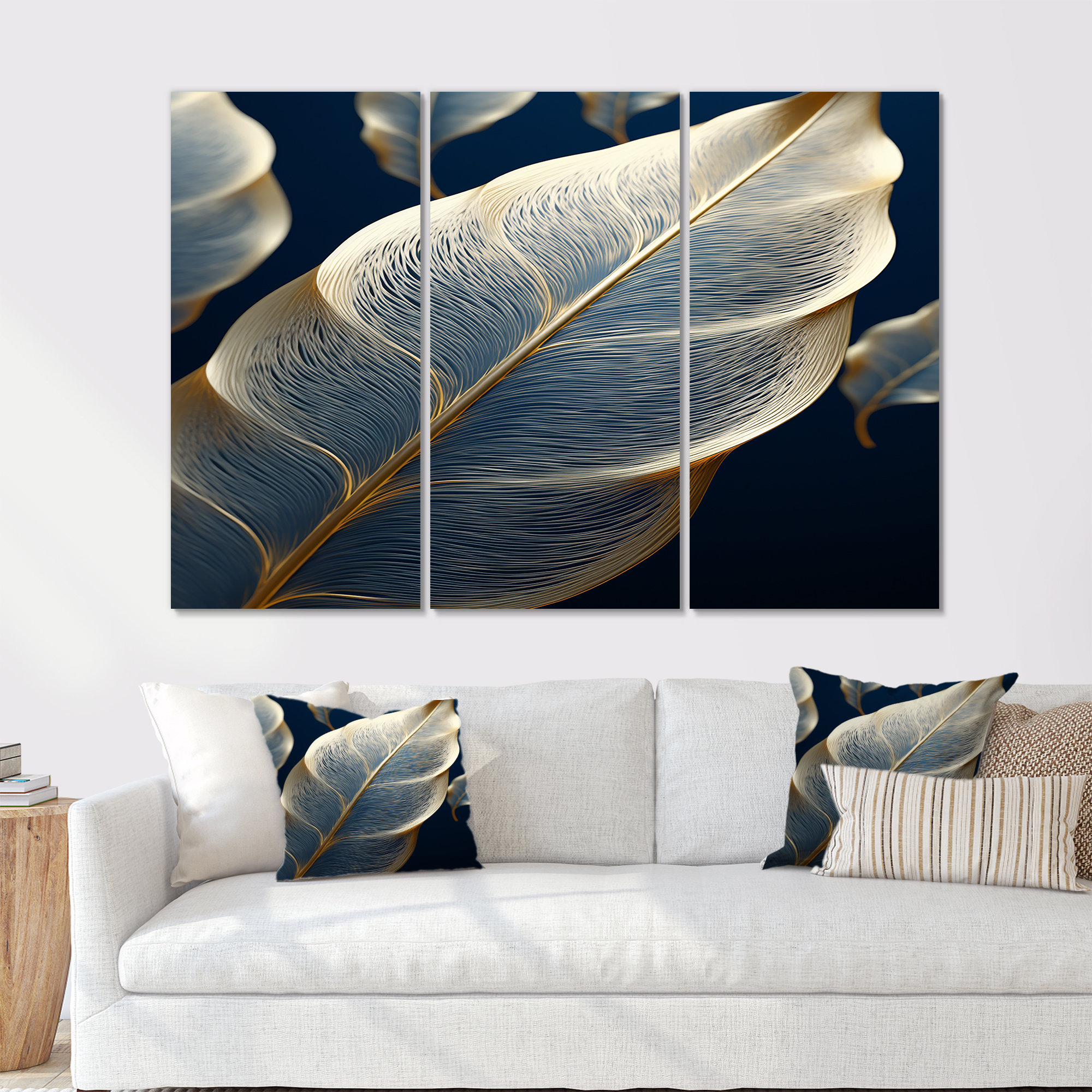 Design Art Transparent Golden Leaf Deep Blue - Leaves Wall Art Living ...