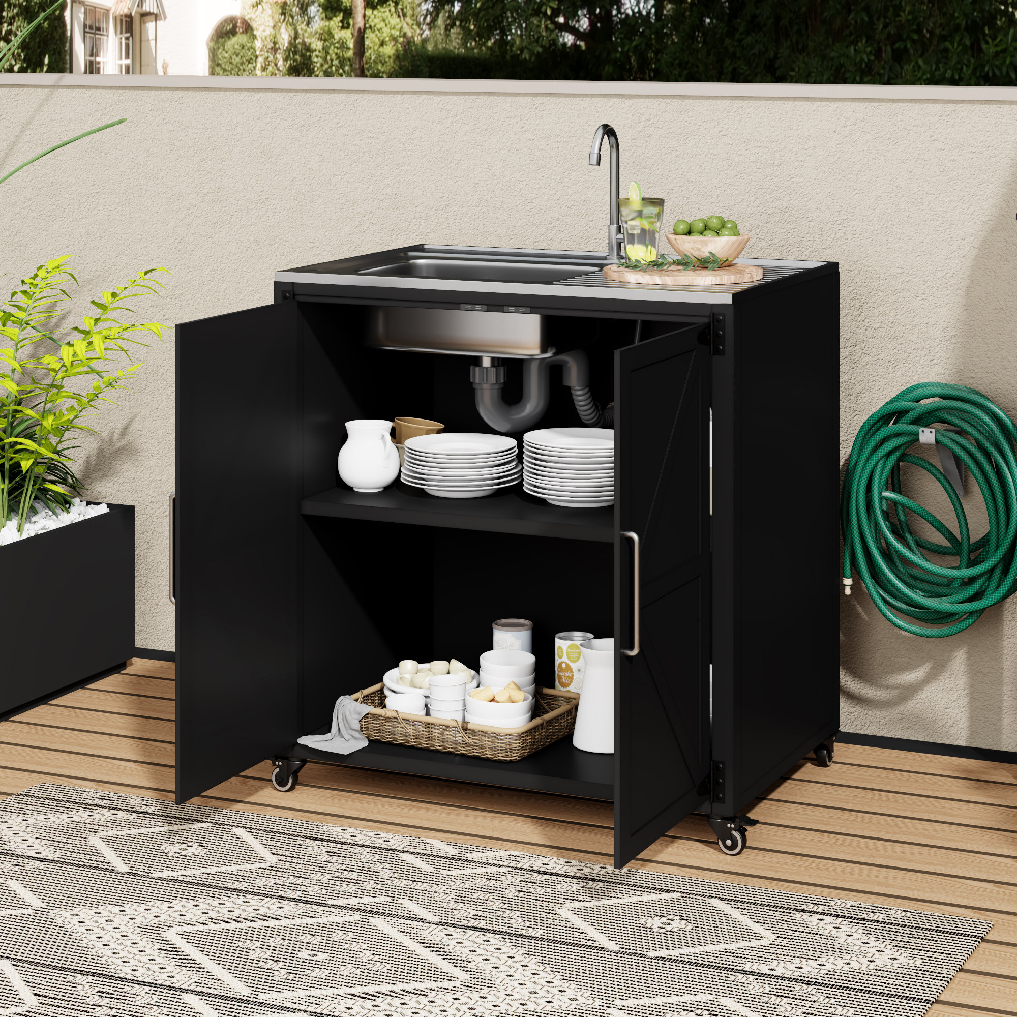Gracie Oaks Outdoor Modular Kitchen Sink Station with Movable Cabinet ...