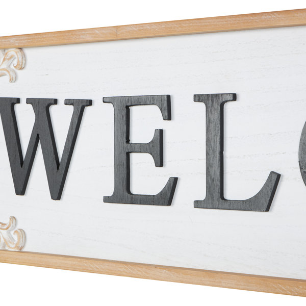 Gracie Oaks Wooden Welcome Sign White Wall Decor with Scroll Details ...