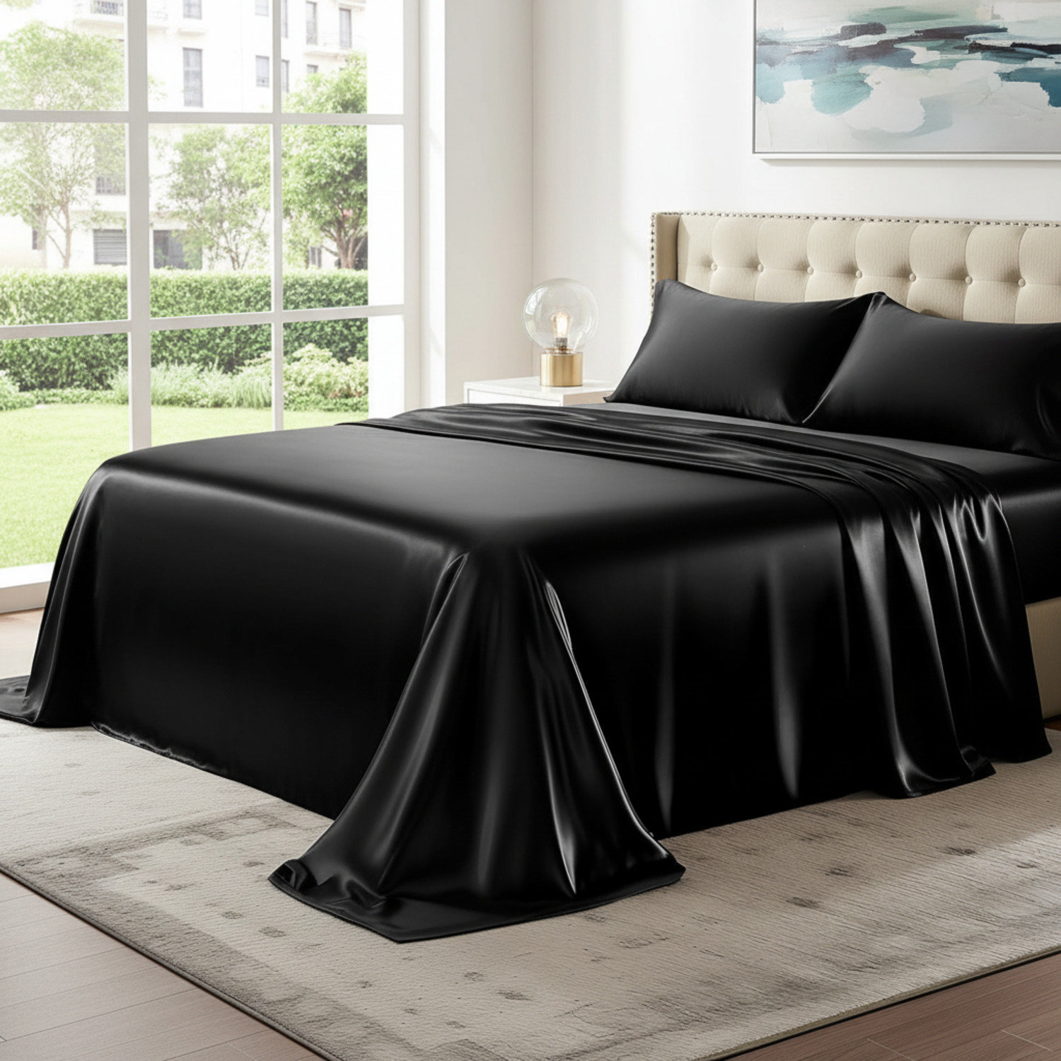 CHAOZHOUJIUJIANG Black Queen Satin Four-Piece Set, Silky And Luxurious ...