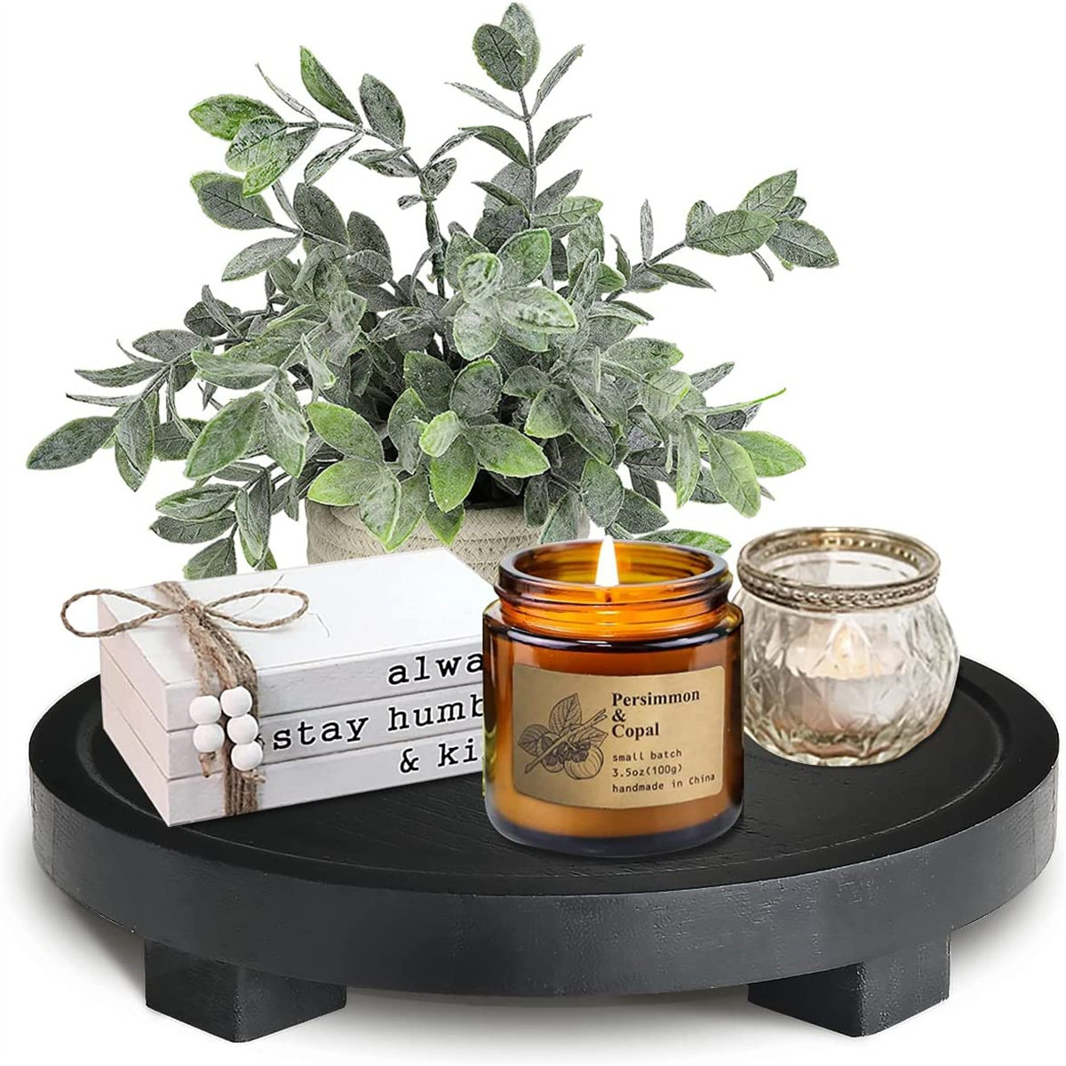 Latitude Run® Round Wood Tray Decor, Farmhouse Pedestal Stand Decor For ...