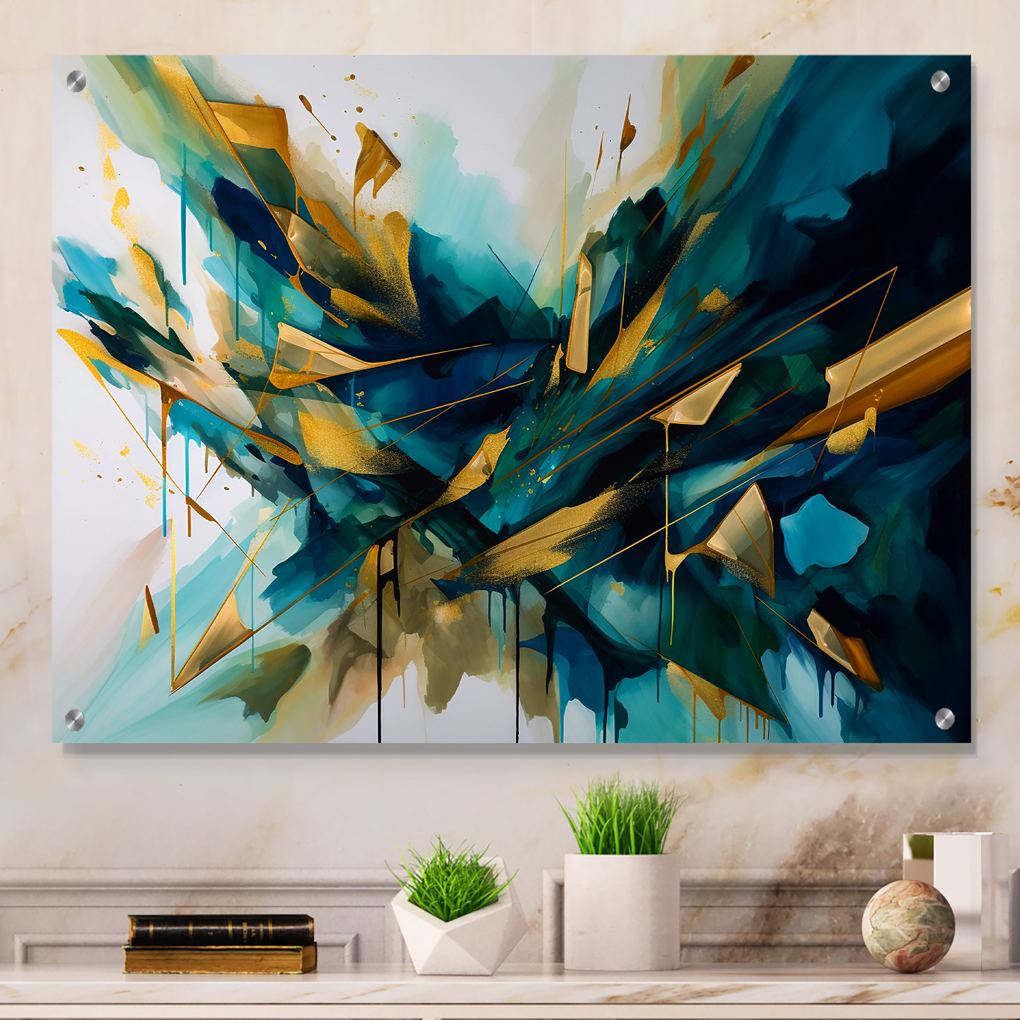 Design Art Golden Explosion Triangles VII - Abstract Geometric Acrylic ...