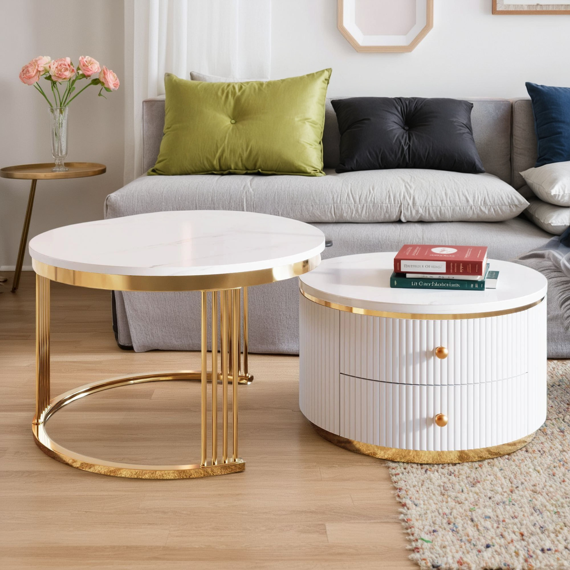 Latitude Run® Gold And White Modern Coffee Table With Circular Nesting ...