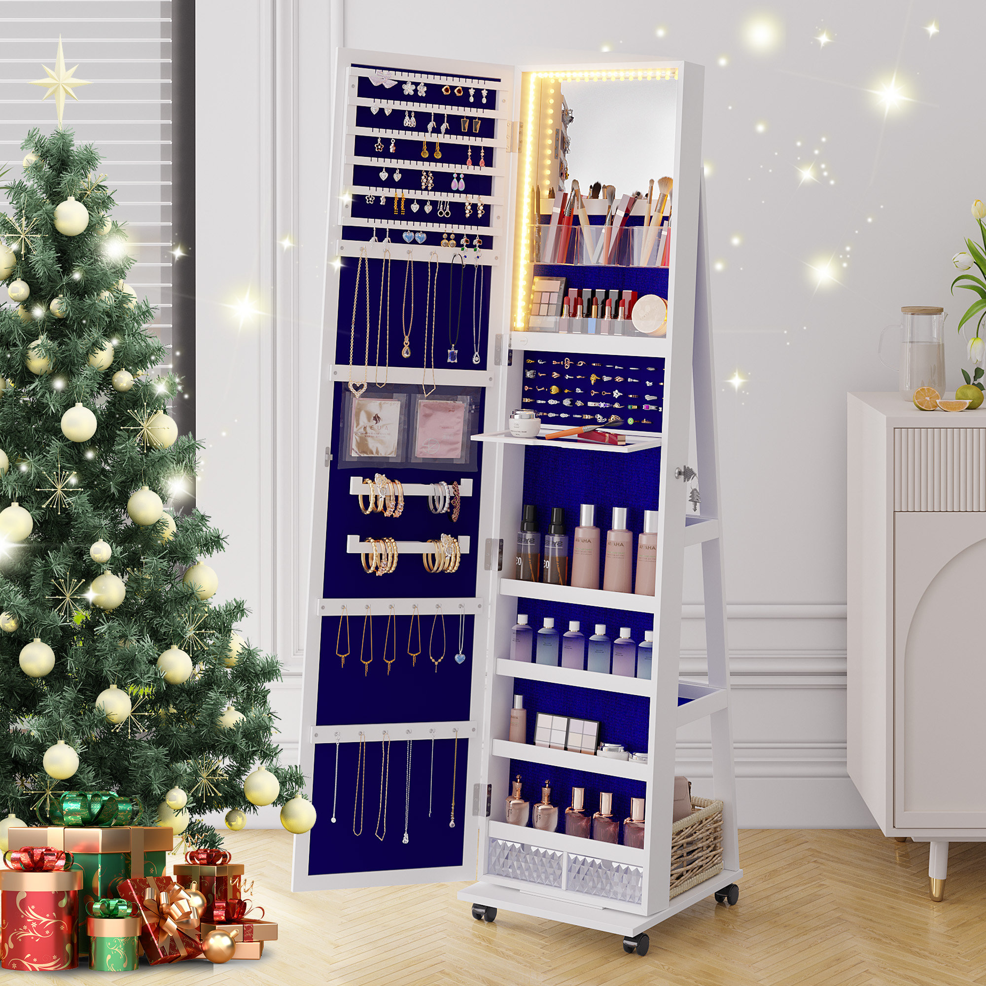 Winston Porter Rolling Led Jewelry Cabinet With Full-length Mirror ...