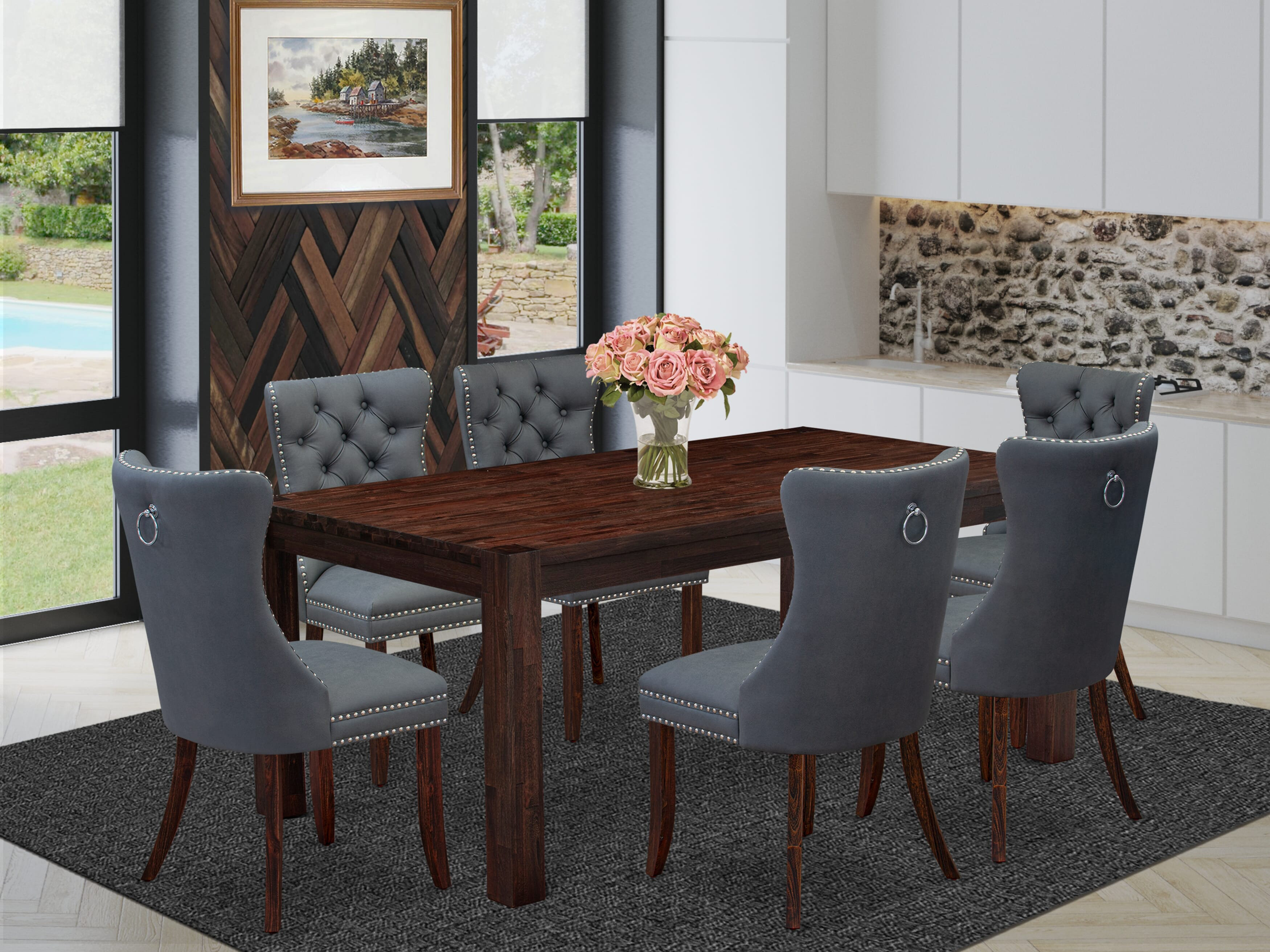Red Barrel Studio® 7 Piece Dining Table Set Contains a Rectangle Rustic ...