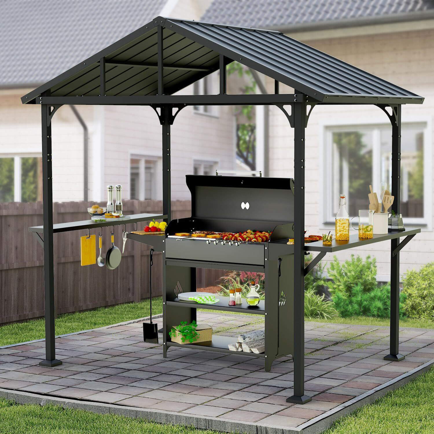 HomGlinty 8x5 Ft Grill Gazebo Canopy Outdoor Hardtop Galvanized Steel BBQ Pergola Shelter with ...
