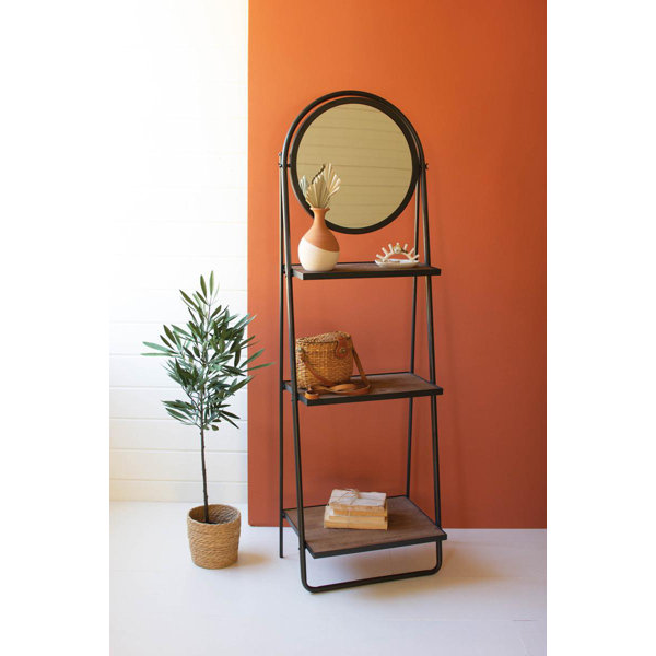 17 Stories Metal Round Floor Mirror with Shelves | Wayfair