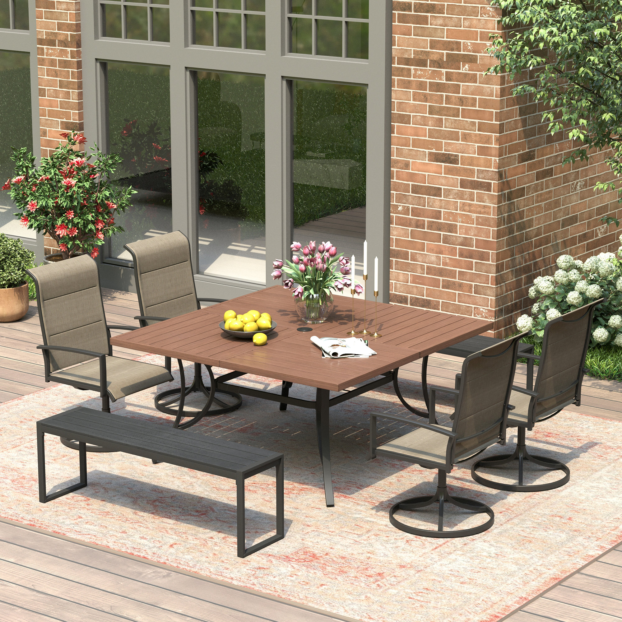 Red Barrel Studio® 59" Patio Dining Table Set with 4 Padded Swivel PVC ...
