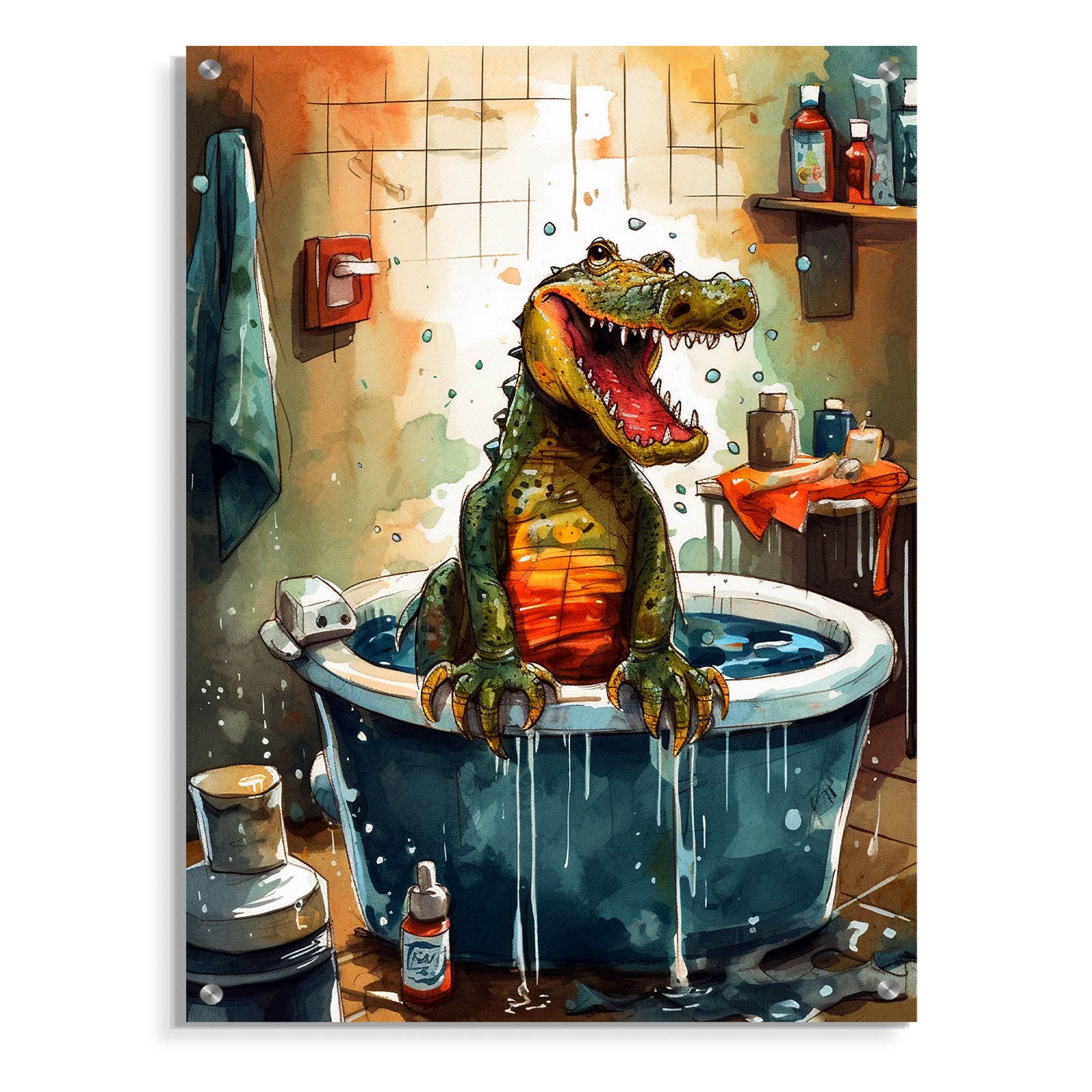 Trinx Green Gator In The Tub - Crocodile Bathroom Acrylic Wall Art ...