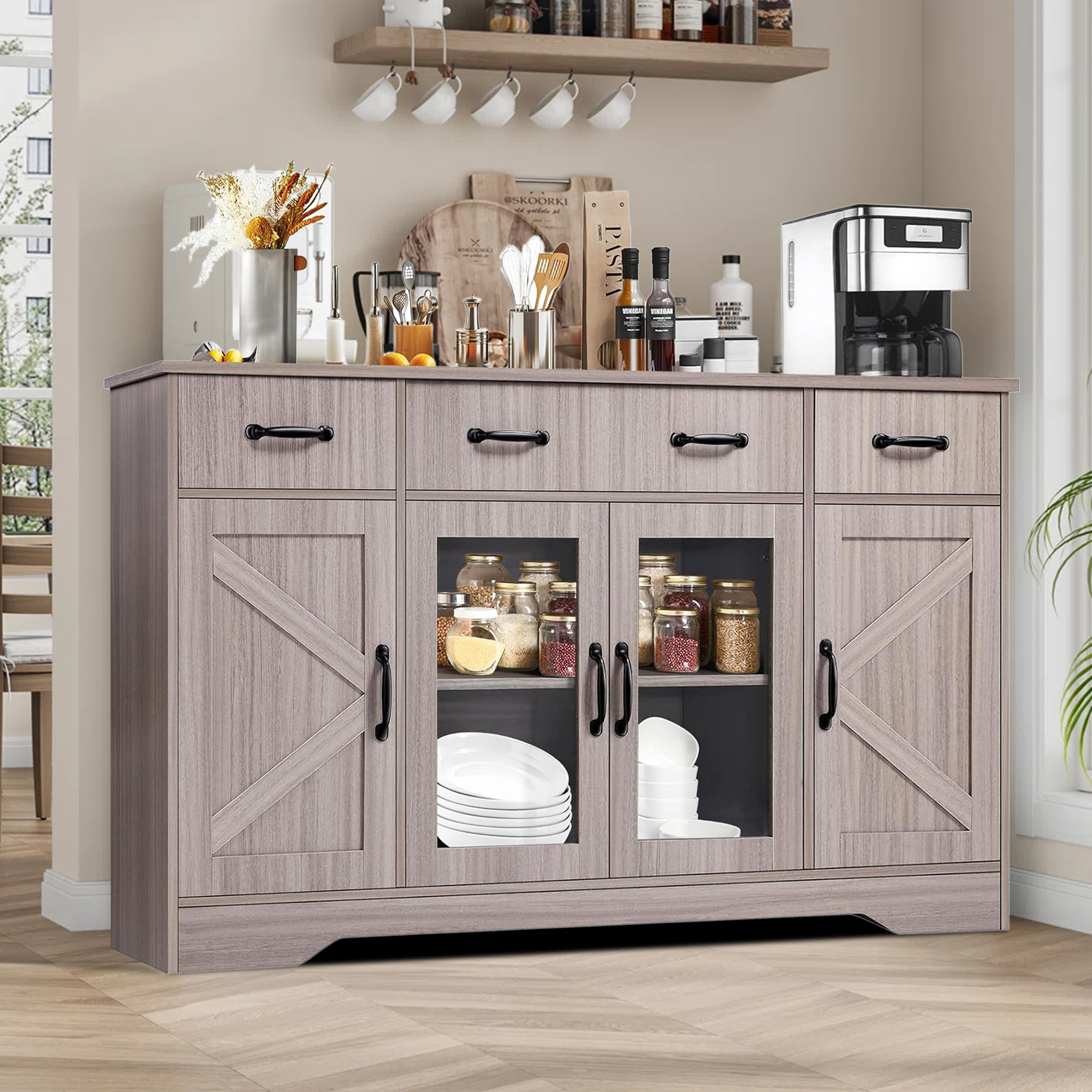 August Grove® 55"W Rustic Modern Sideboard Buffet Cabinet With Glass ...