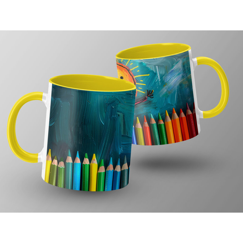 East Urban Home Kids Drawing Style 11oz Accent Mugs – White Ceramic ...