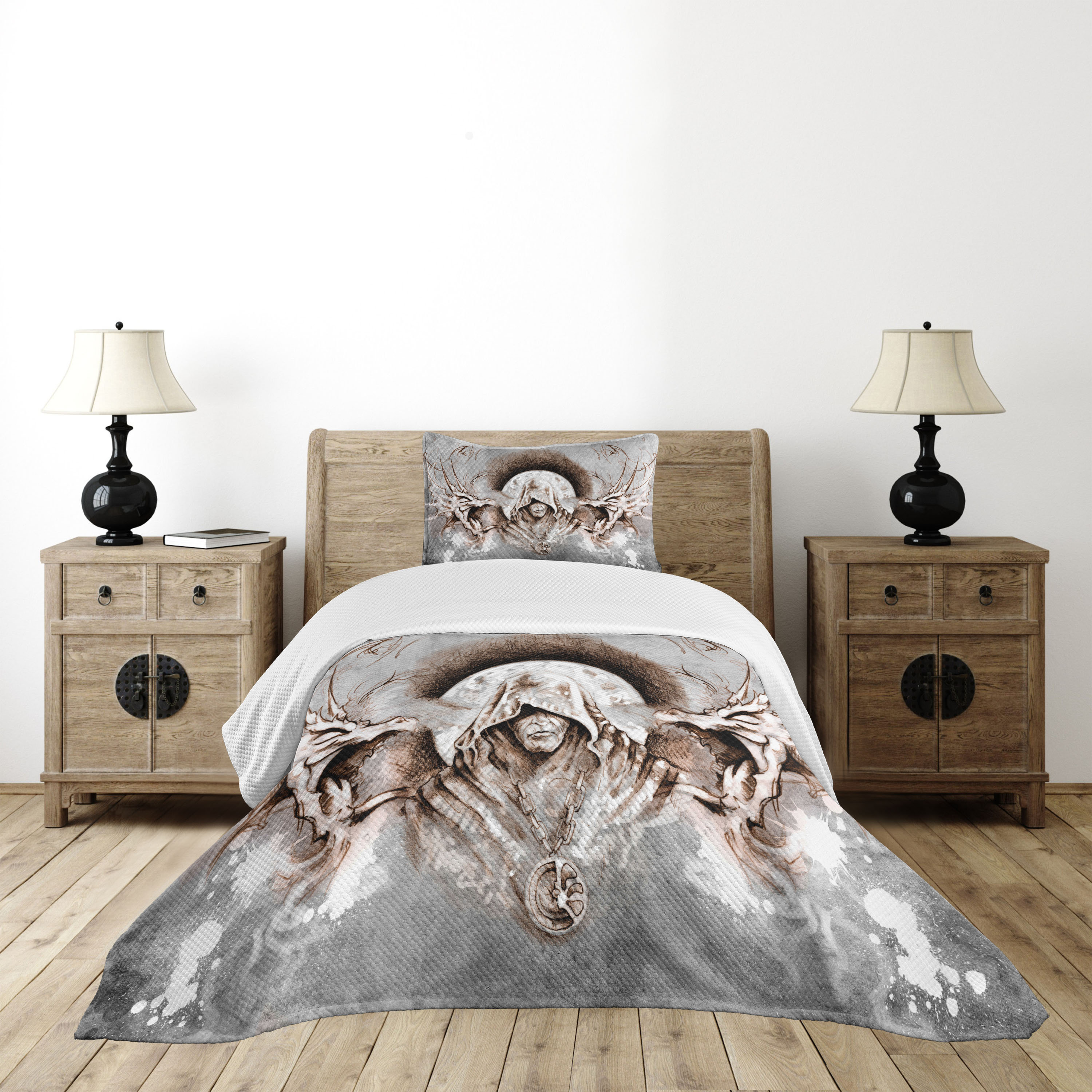 Ambesonne Dragon Bedspread Set Monk Branches Medieval Grey Umber Brown ...
