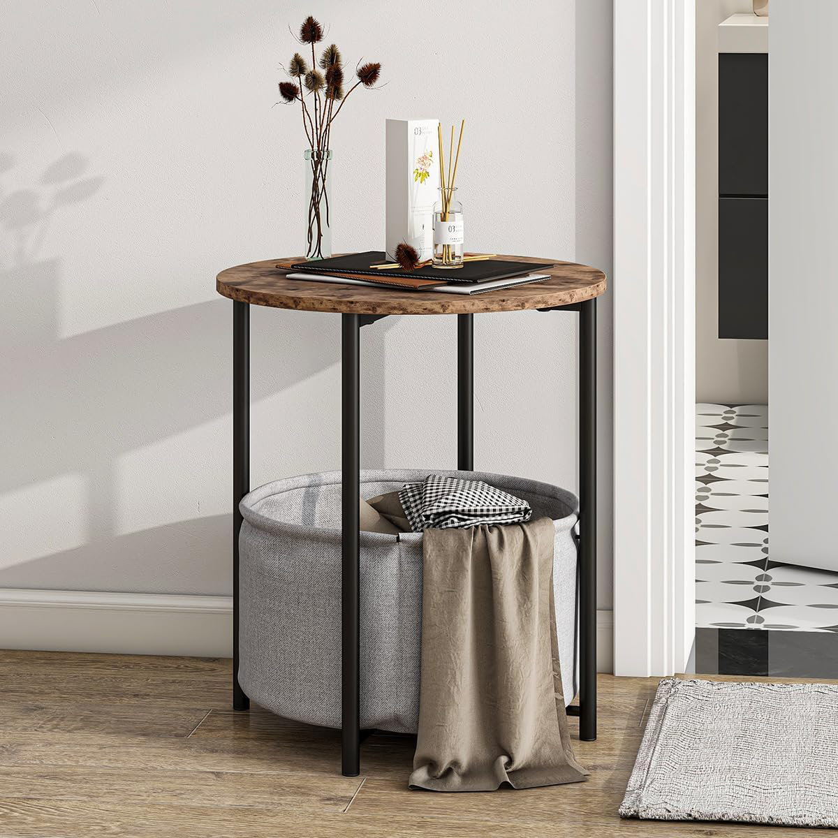George Oliver Round Coffee Table With Storage Basket, Modern Metal Side ...
