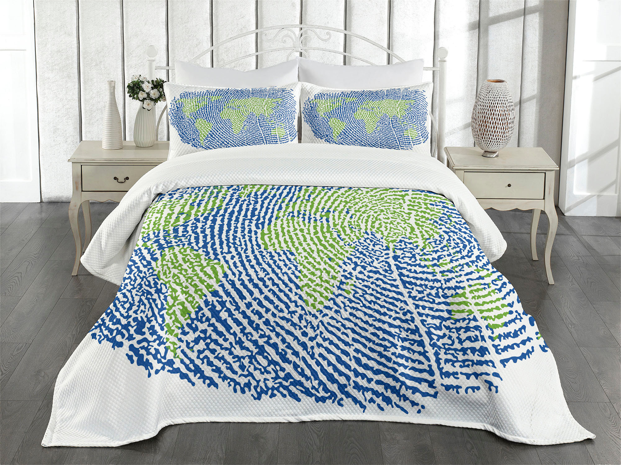 Ambesonne World Map Bedspread Set Fingerprint World Map Navy Blue Green ...