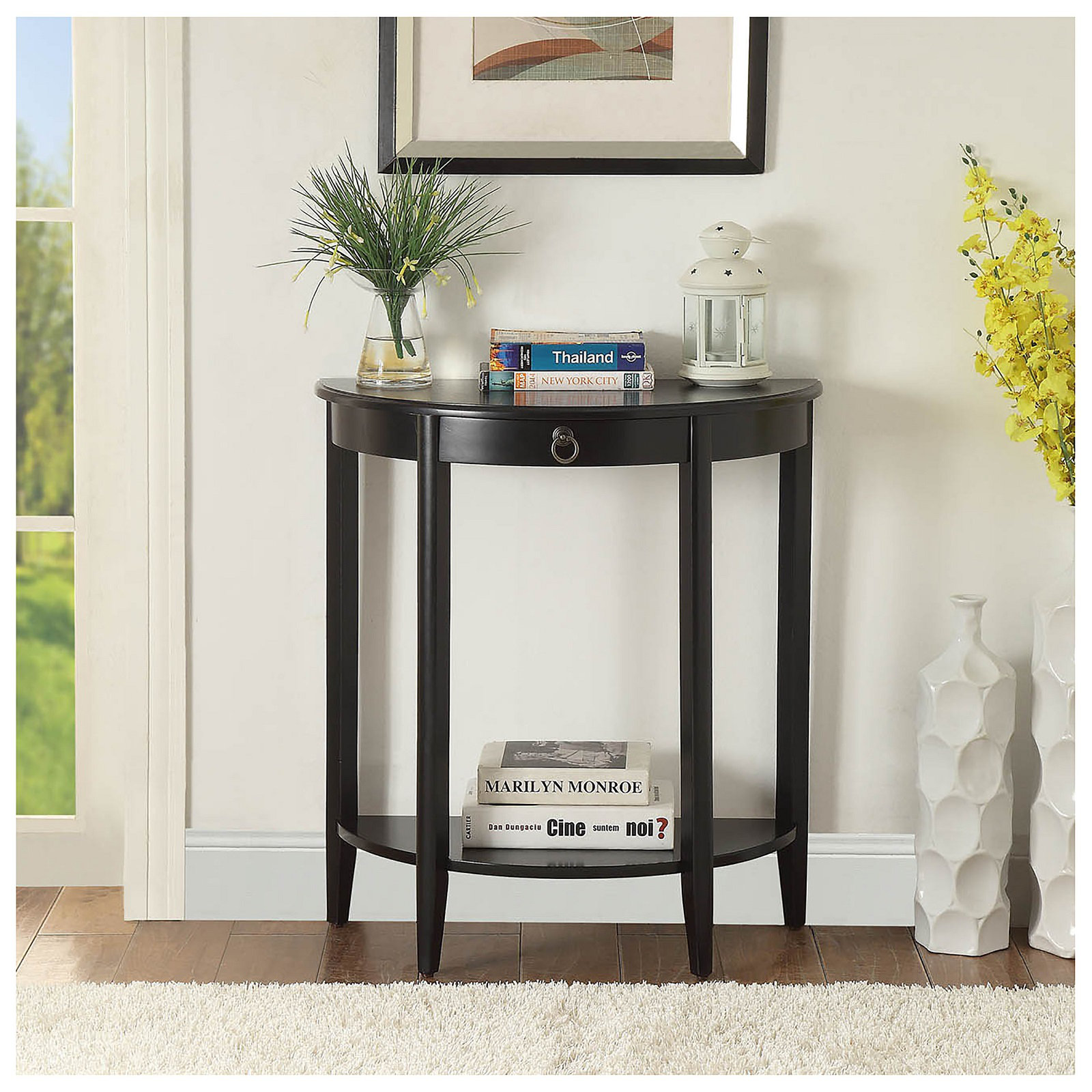 Lark Manor Ansi Transitional Half Moon Console Table with Bottom Shelf ...