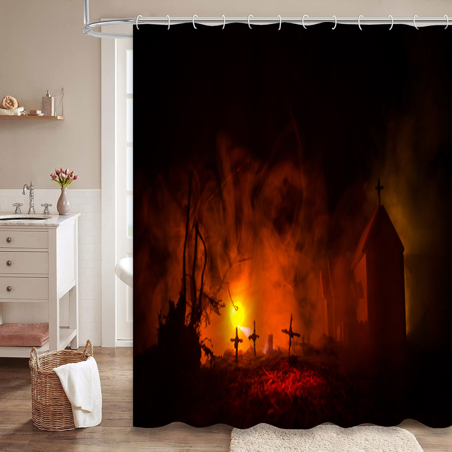 The Holiday Aisle® Dark Moon Waterproof Shower Curtain,Cemetery Night ...