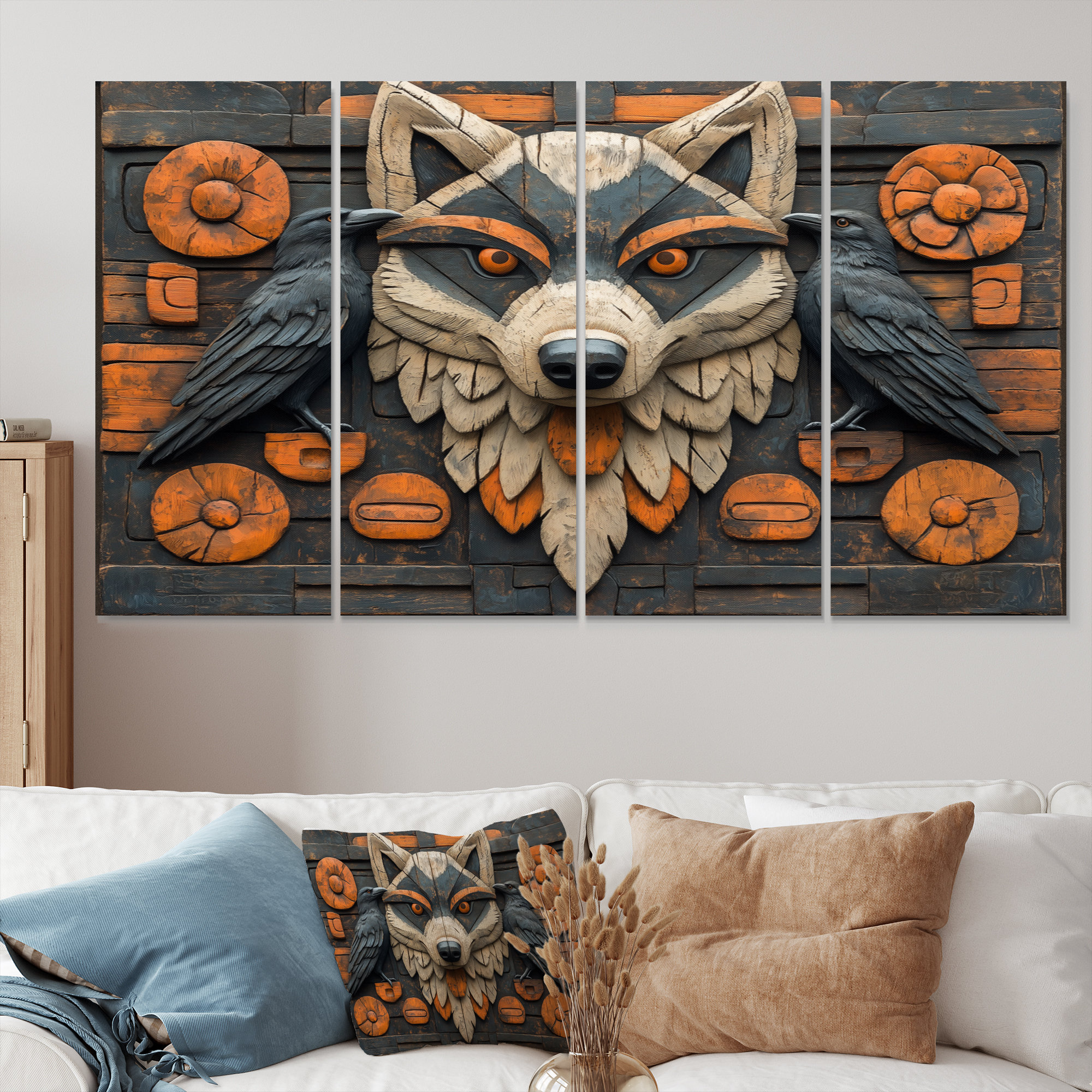 Millwood Pines Orange Wolf And Den Totem II - Native American Art Totem ...