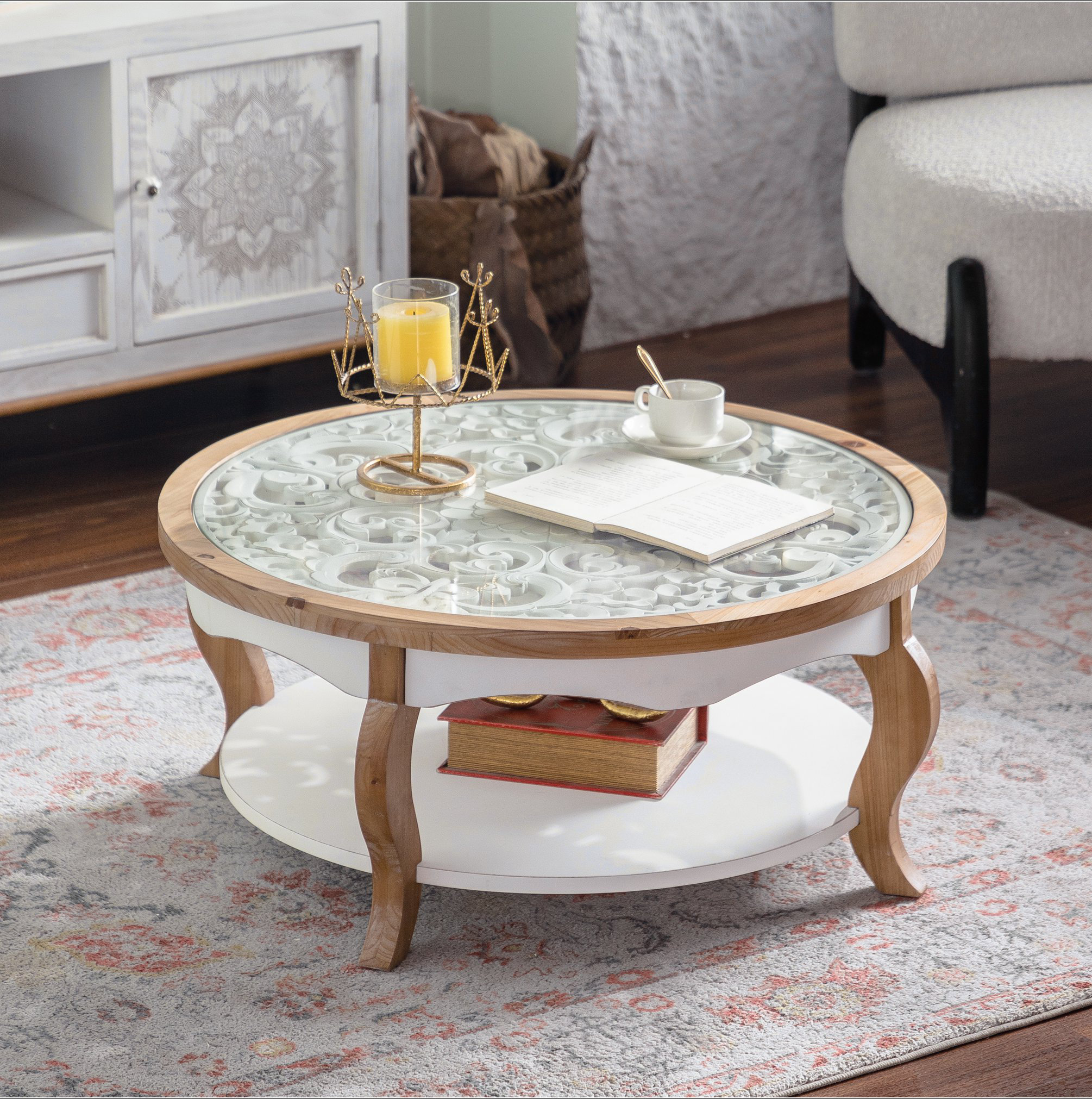 Latitude Run® Round Wood Coffee Table With Glass Top, Solid Wooden ...