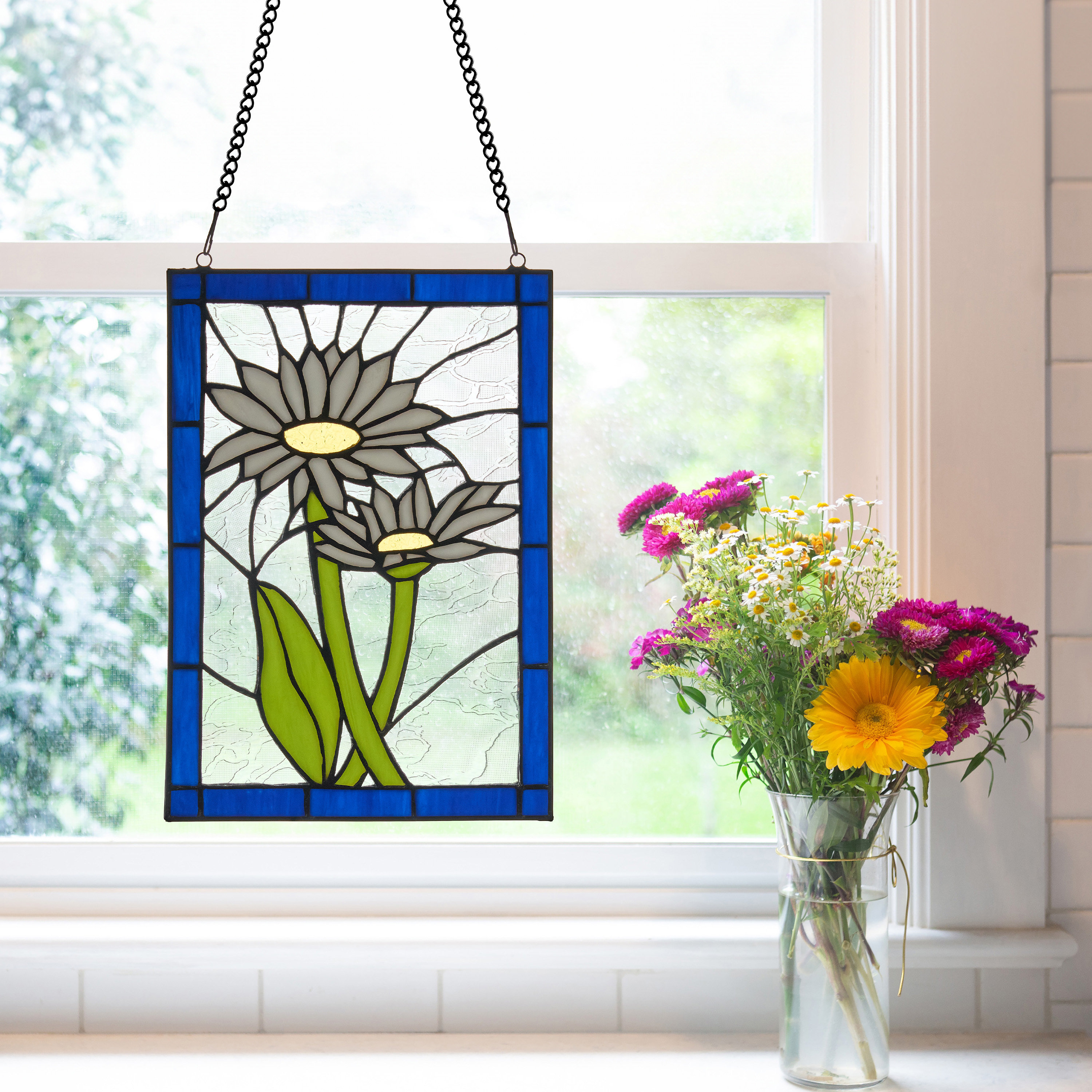 Astoria Grand 11.25" H Tiffany-Style Daisy Stained Glass Window Panel ...