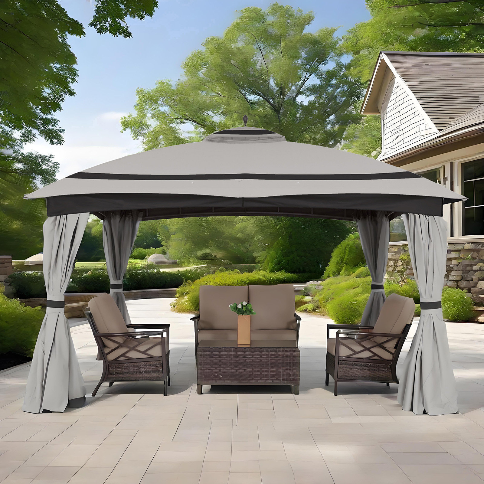 Starecho 11 Ft. X 13 Ft. Patio Steel Soft Top Gazebo With 2-Tier Canopy ...