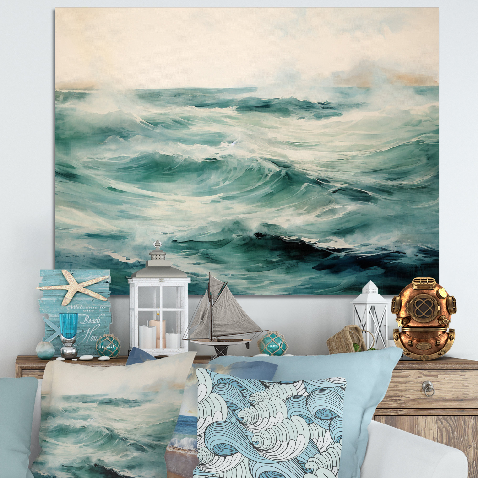 Highland Dunes Blue Coastal Waves Wildness Watecolor - Print | Wayfair